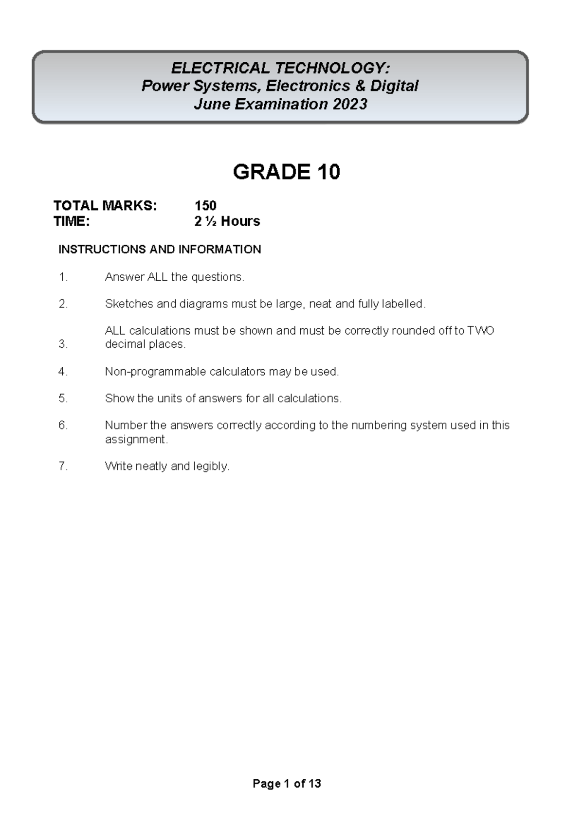 Grade 10 Electrical Technology June Exam 2023: Power Systems ...