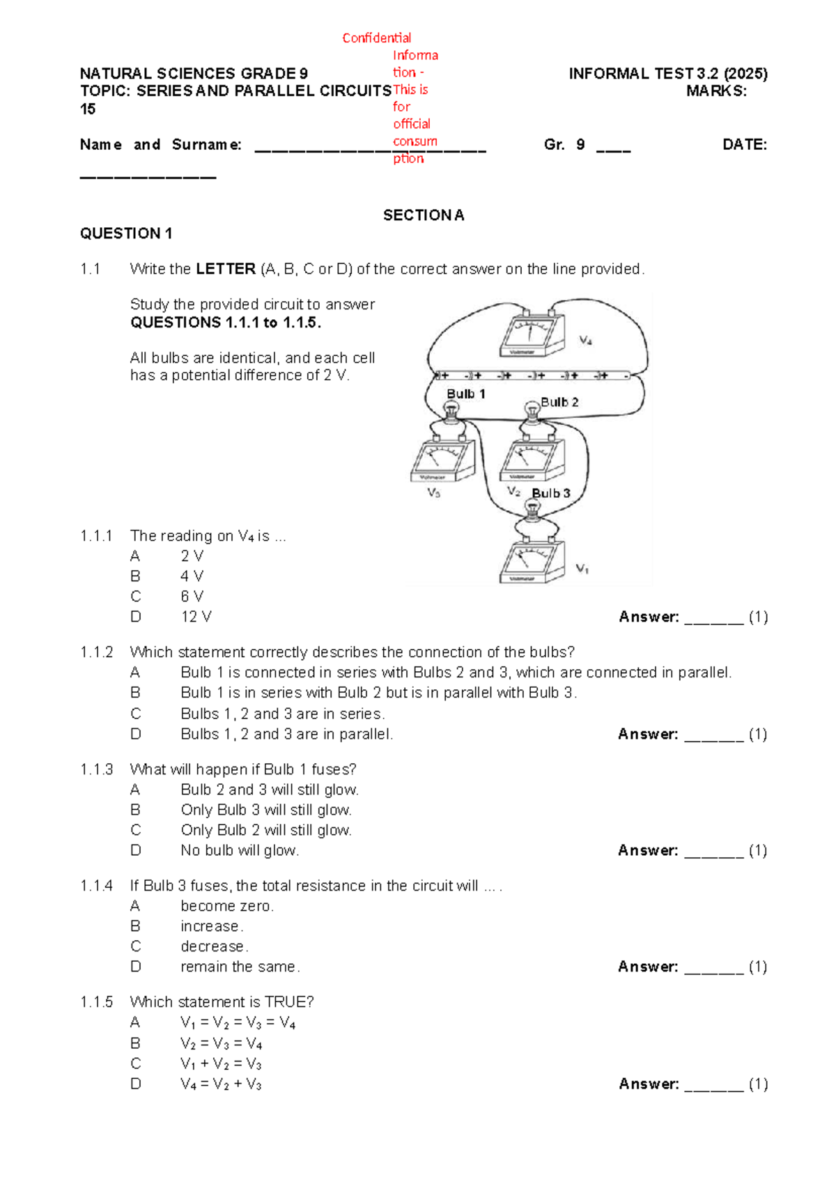 NS Gr9 Informal Test 3.2: Series and Parallel Circuits (2025) - Studocu
