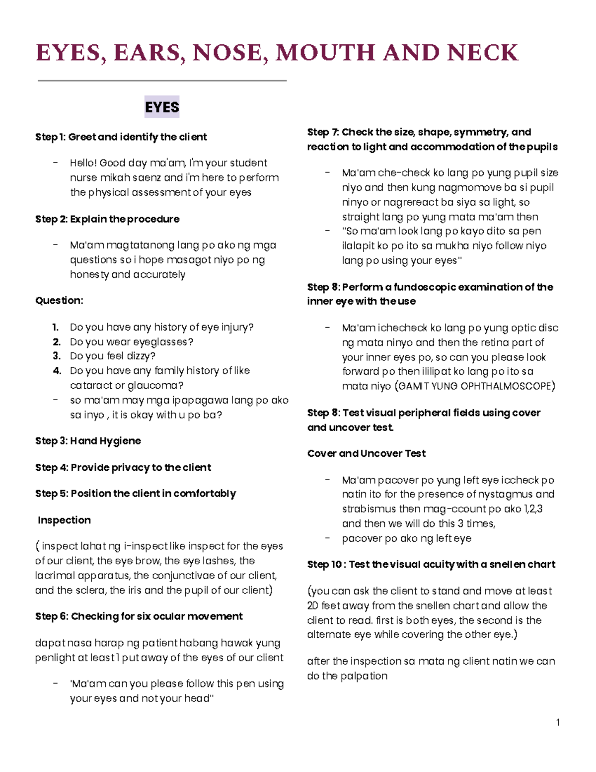 Physical Assessment: EYES, EARS, MOUTH & NECK - Retdem - Studocu