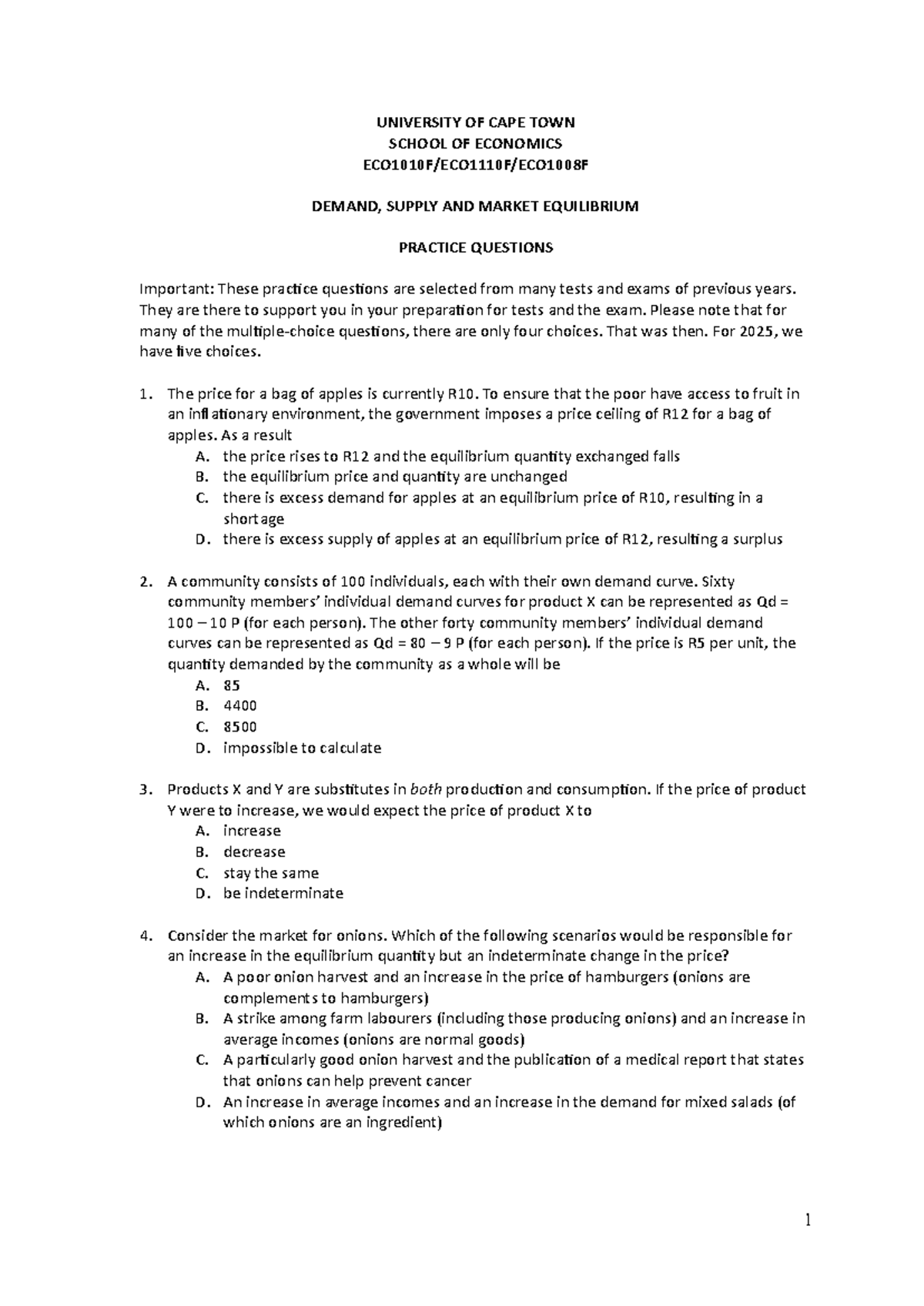 UCT ECO301 Demand, Supply & Market Equilibrium Practice Qs - Studocu