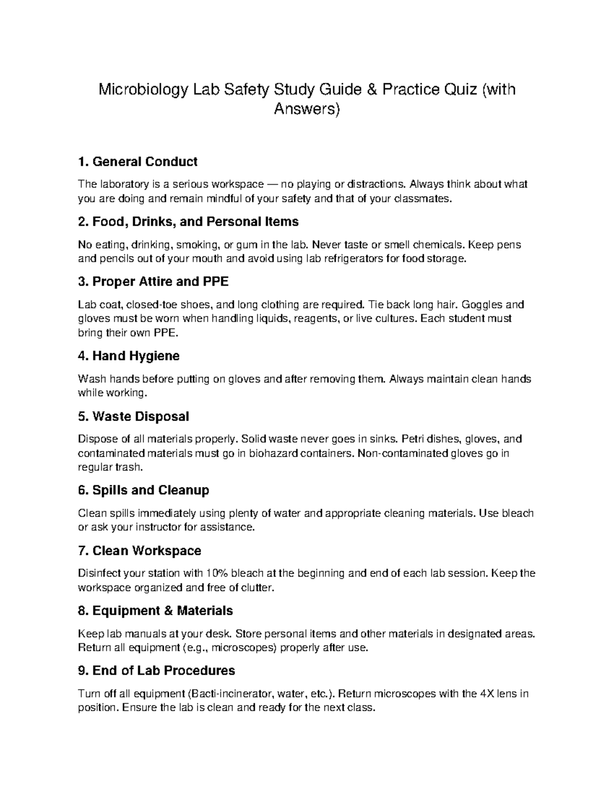 Microbiology Lab Safety Study Guide & Practice Quiz (with Answers ...