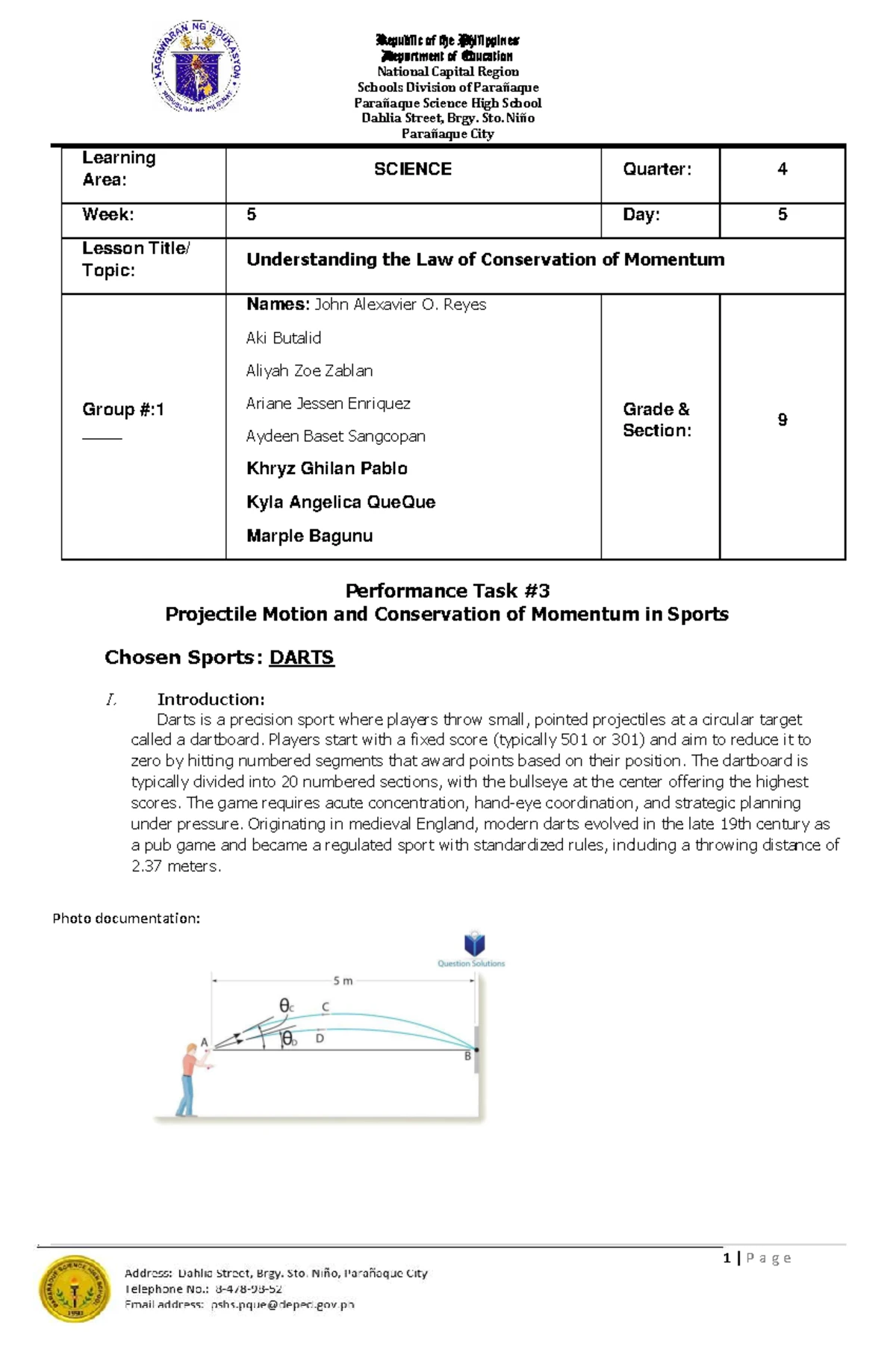 AS4-Q4-Science-9-Performance Task: Projectile Motion in Darts - Studocu