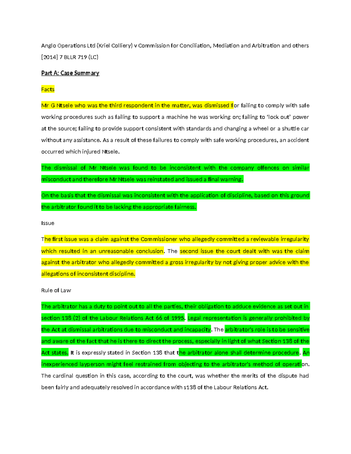 Anglo Operations Ltd v CCMA: Case Summary & Legal Analysis - Studocu