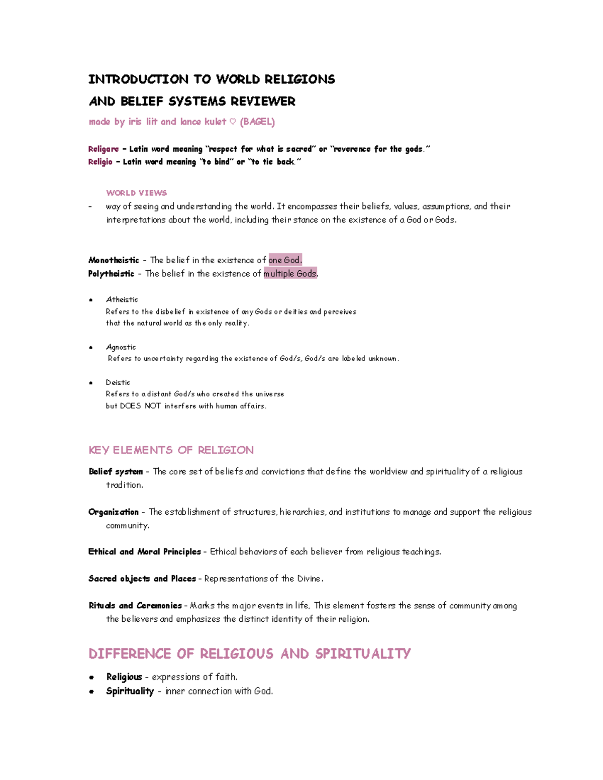 World Religions & Belief Systems Overview (BAGEL) - Studocu