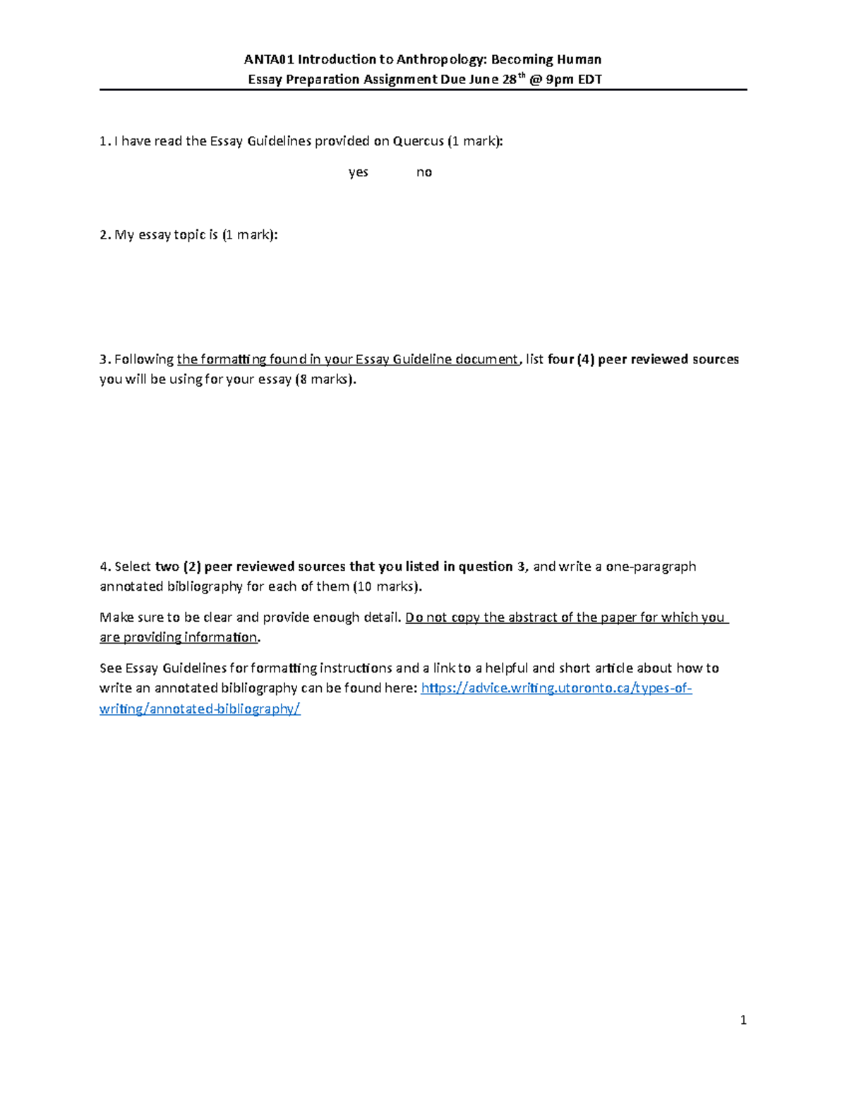 ANTA01 Essay Prep. Assignment - ANTA01 Introduction to Anthropology ...