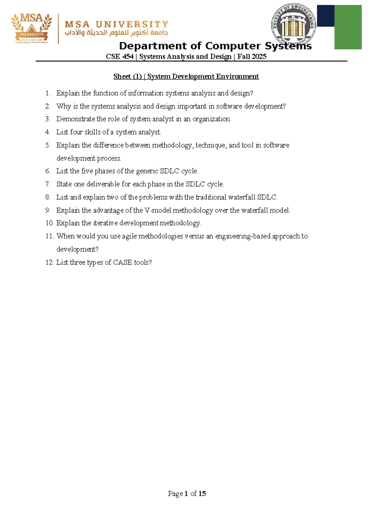 CSE 454 Systems Analysis and Design Fall 2025 Study Sheets - Studocu