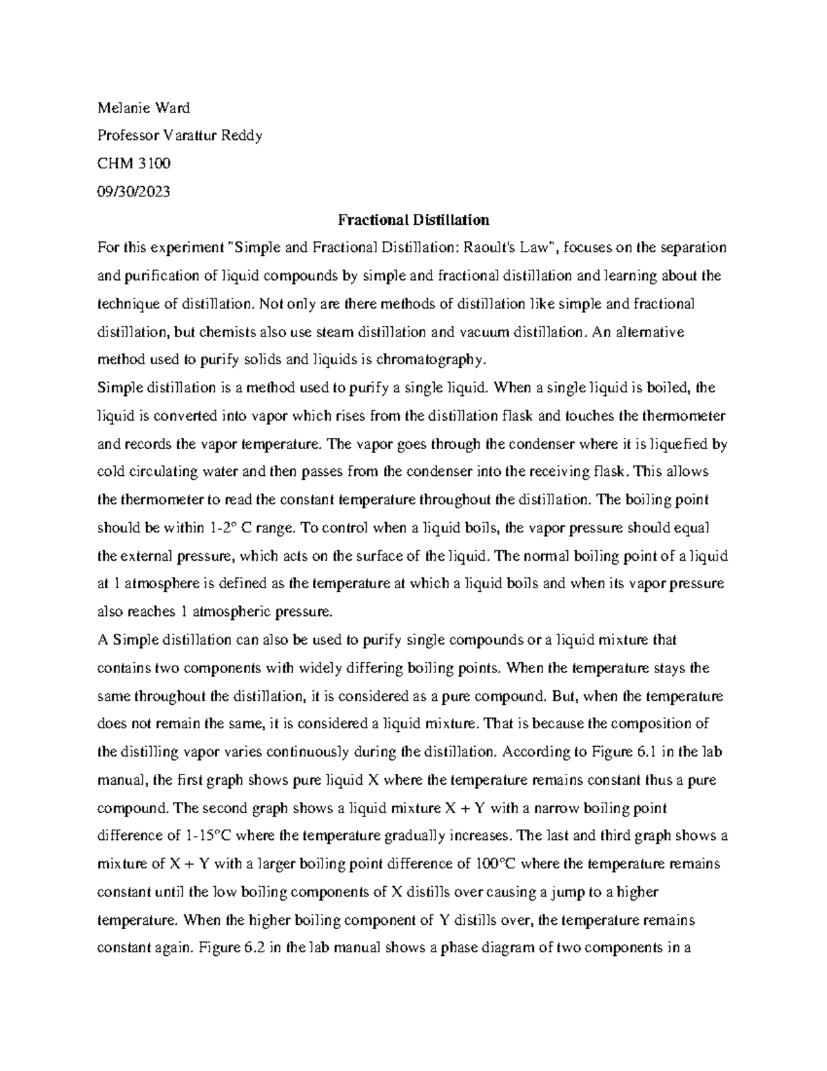 Org 6 - Lab - Melanie Ward Professor Varattur Reddy CHM 3100 09 / 30 ...