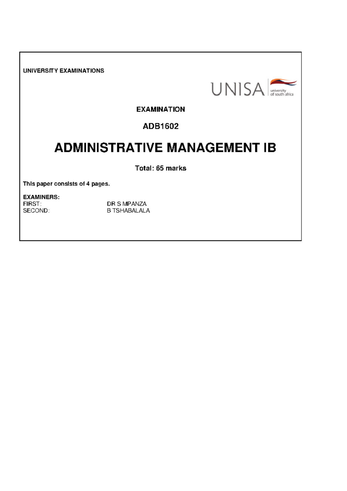 ADB1602 May/June Exam - Administrative Management IB Final 2025 - Studocu