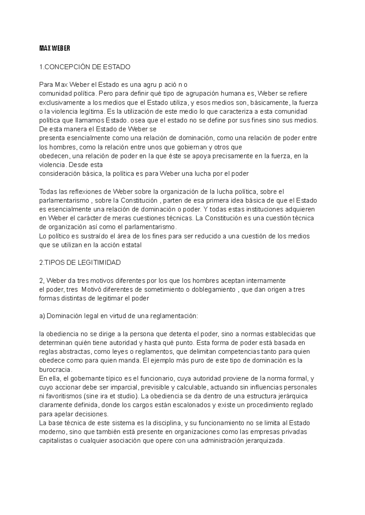 MAX WEBER: CONCEPCIÓN DEL ESTADO Y TIPOS DE LEGITIMIDAD - Studocu