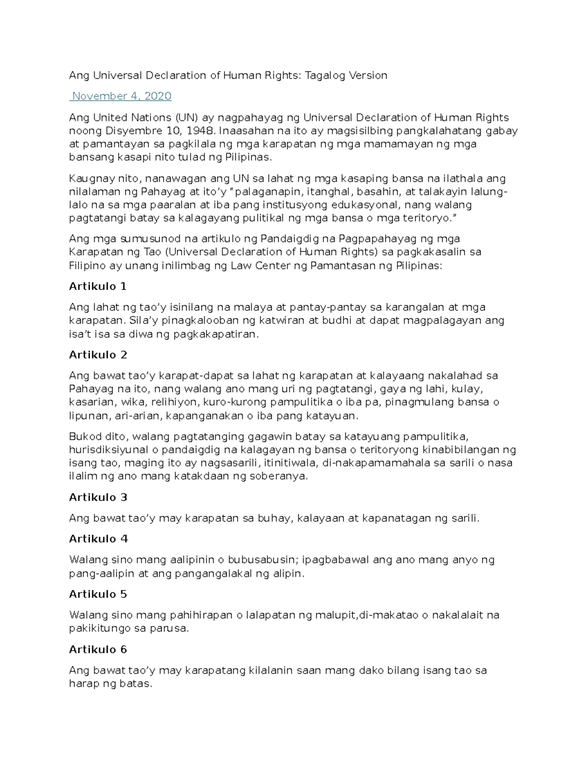 Universal Declaration of Human Rights: Tagalog Version (2020) - Studocu