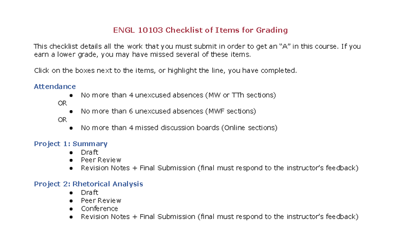 ENGL 10103 Grading Checklist: Essential Submission Items - Studocu