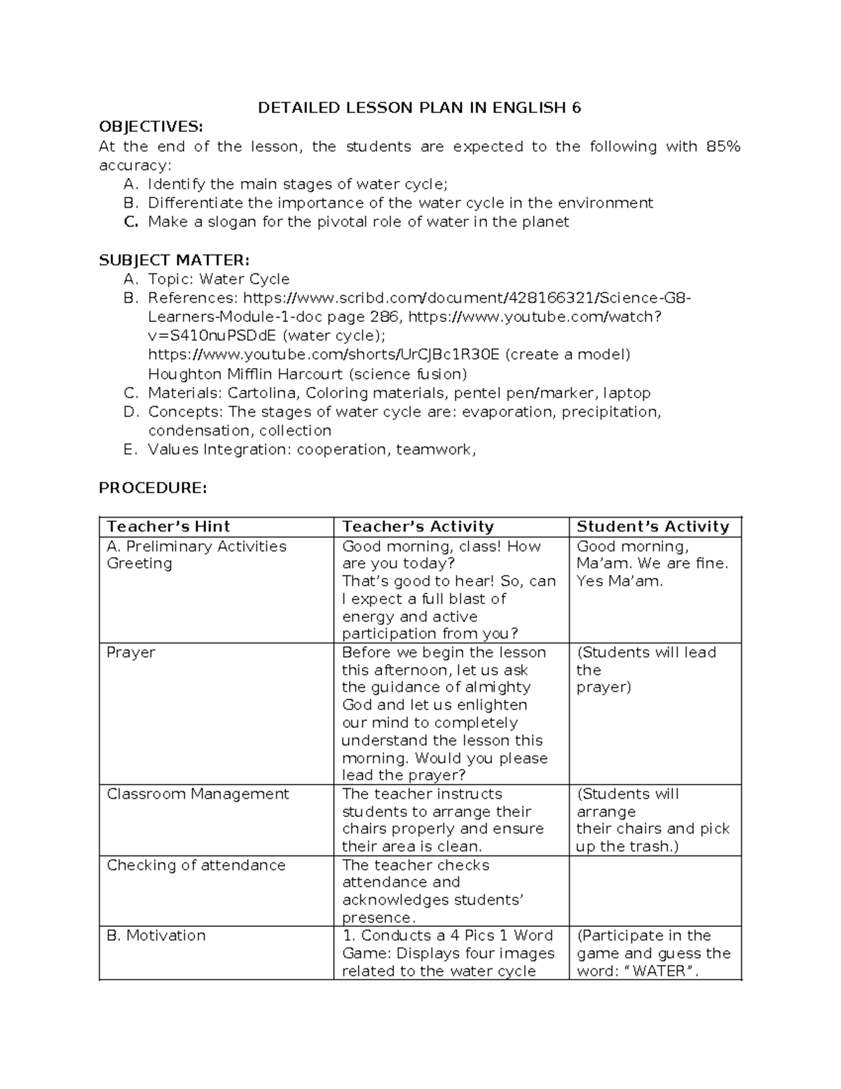Detailed Lesson PLAN Water Cycle Group 1 - DETAILED LESSON PLAN IN ...