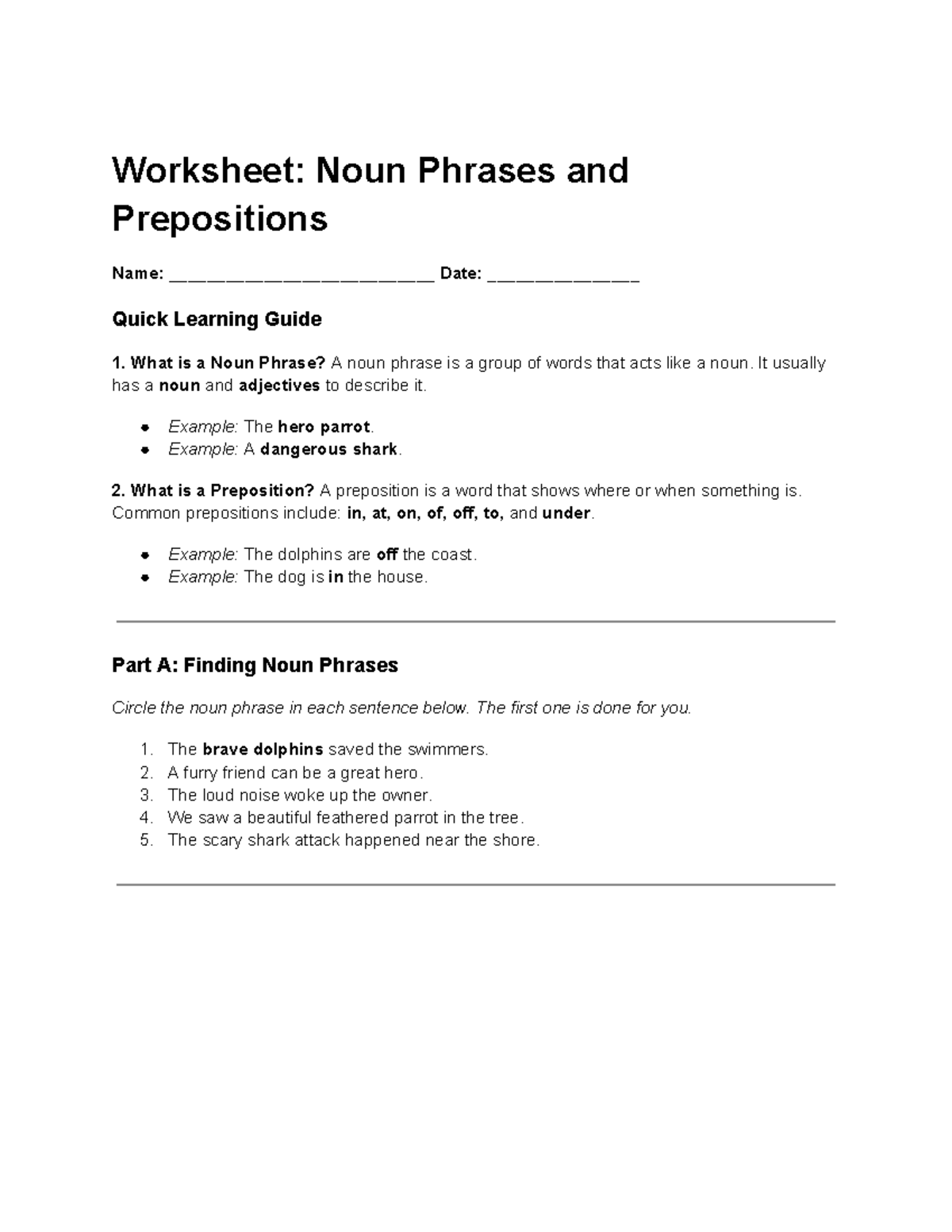 Worksheet: Noun Phrases & Prepositions - Quick Learning Guide - Studocu