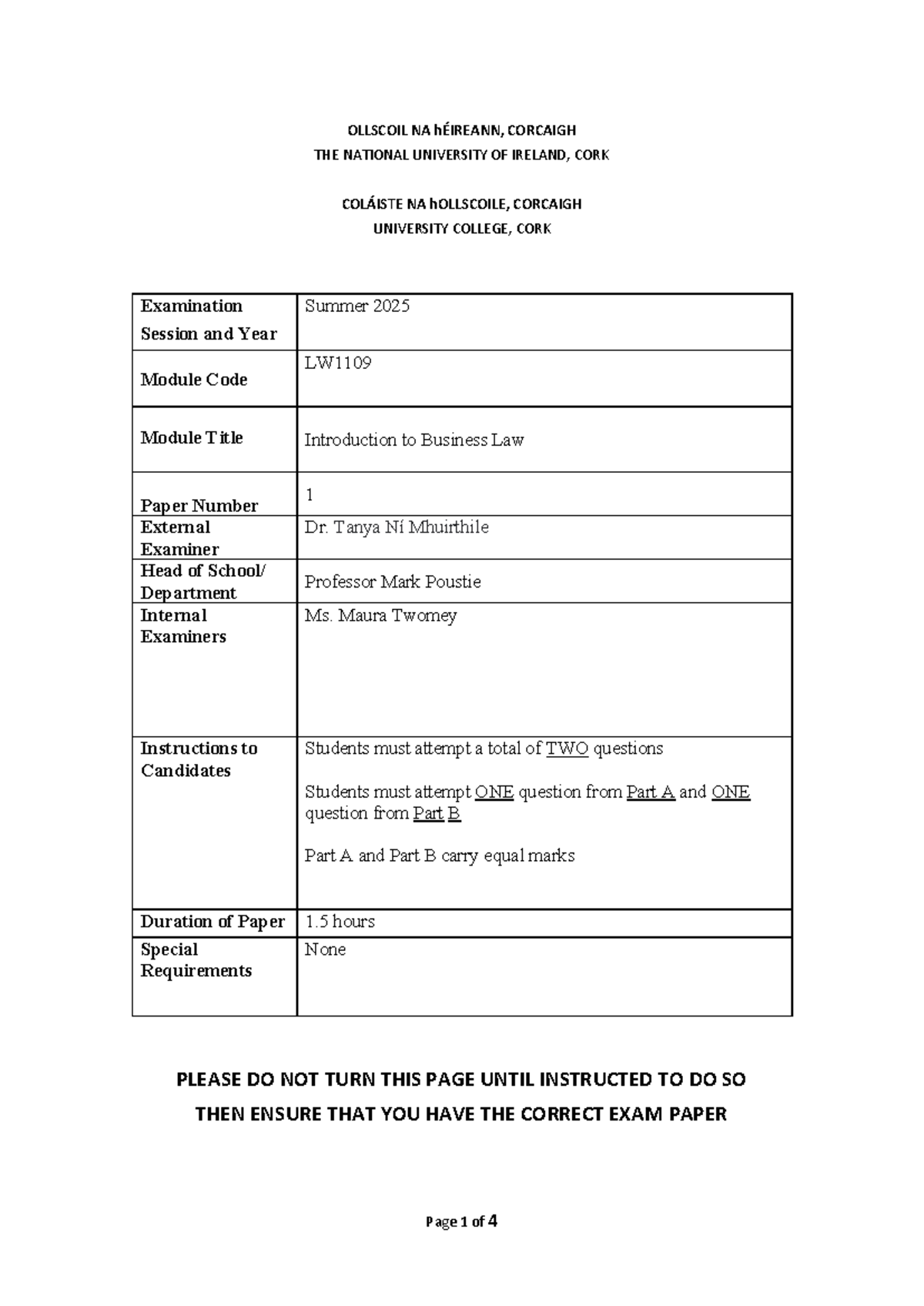 LW1109 Introduction to Business Law Exam Paper Summer 2025 - Studocu