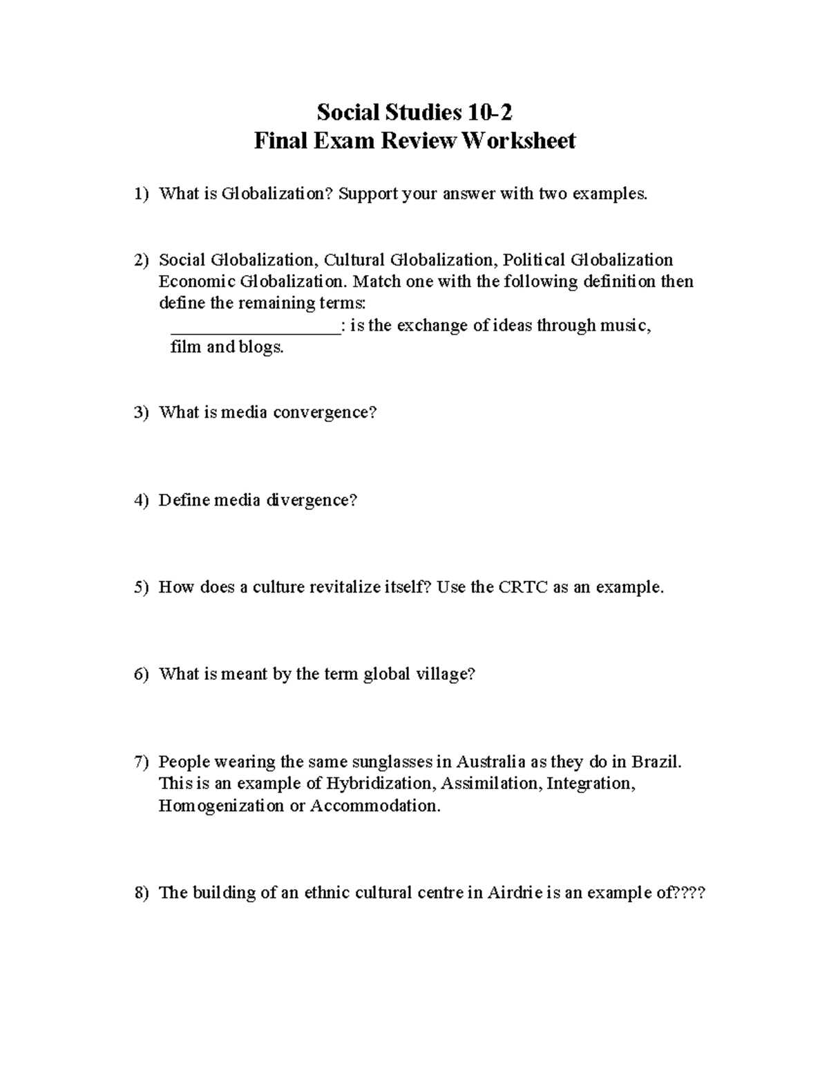 Social Studies 10: Final Exam Review Worksheet for Globalization ...