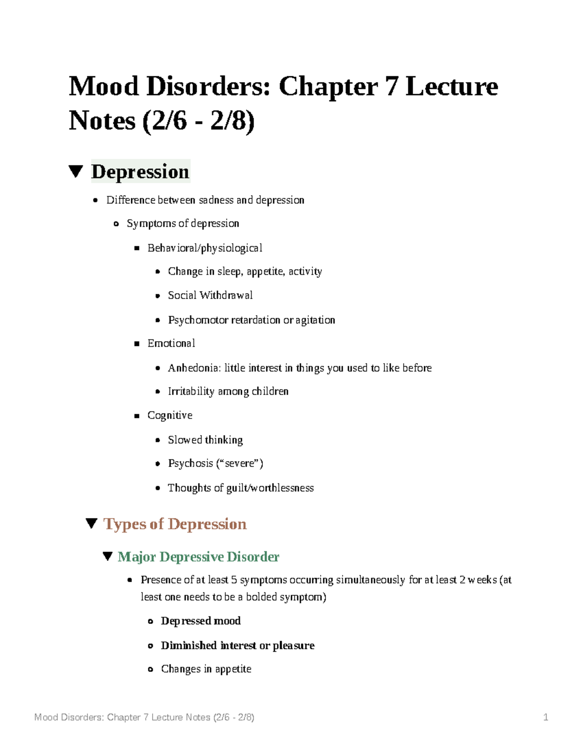 Mood Disorders Chapter 7 Lecture Notes - .. ⅔ of people struggling with ...