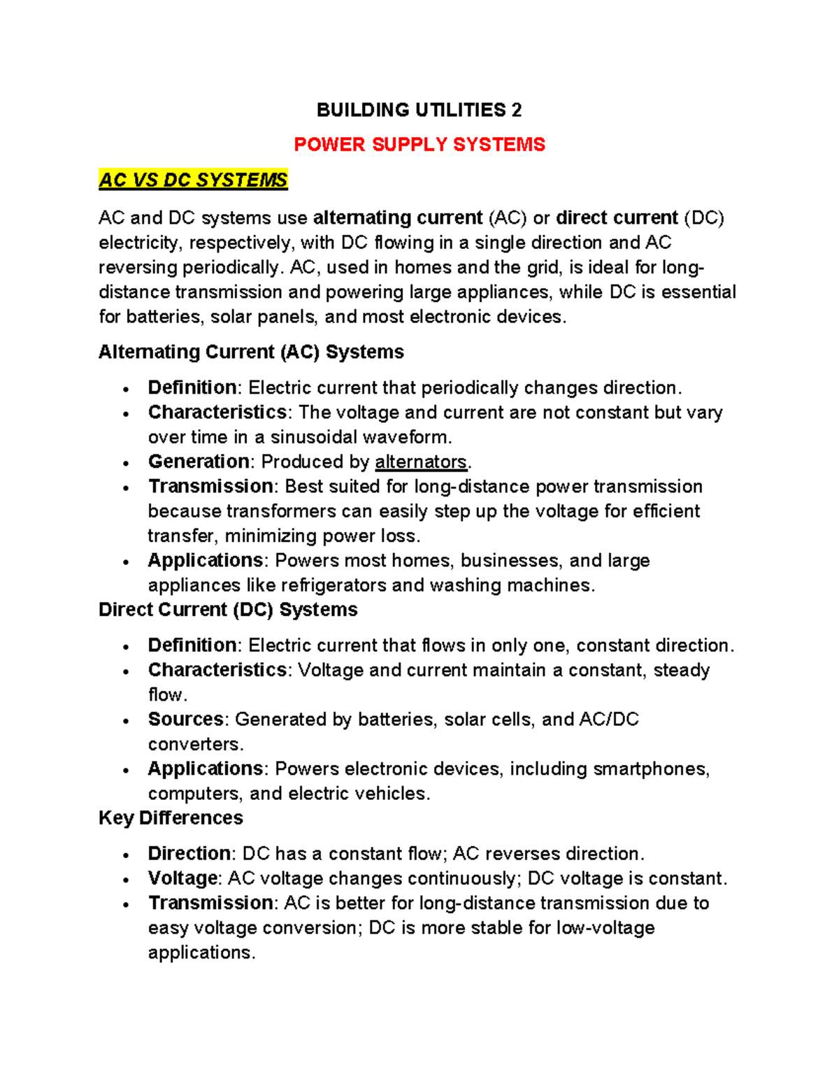 3 Power Supply Sources - Building Technology - AC vs DC Systems - Studocu