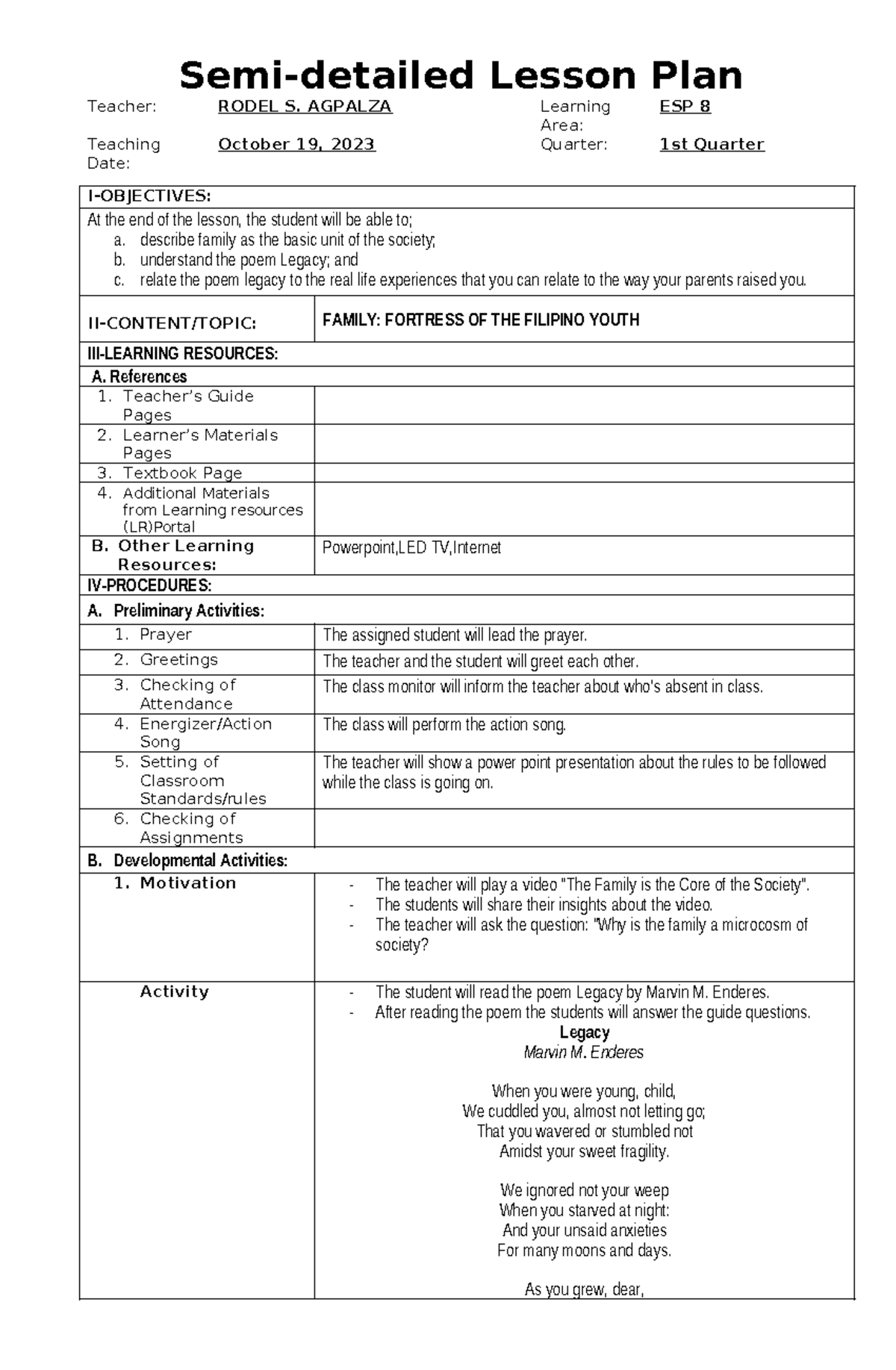 1-ESP8 - Grade 8 ESP Sample Lesson Plan on Family Values and Legacy ...