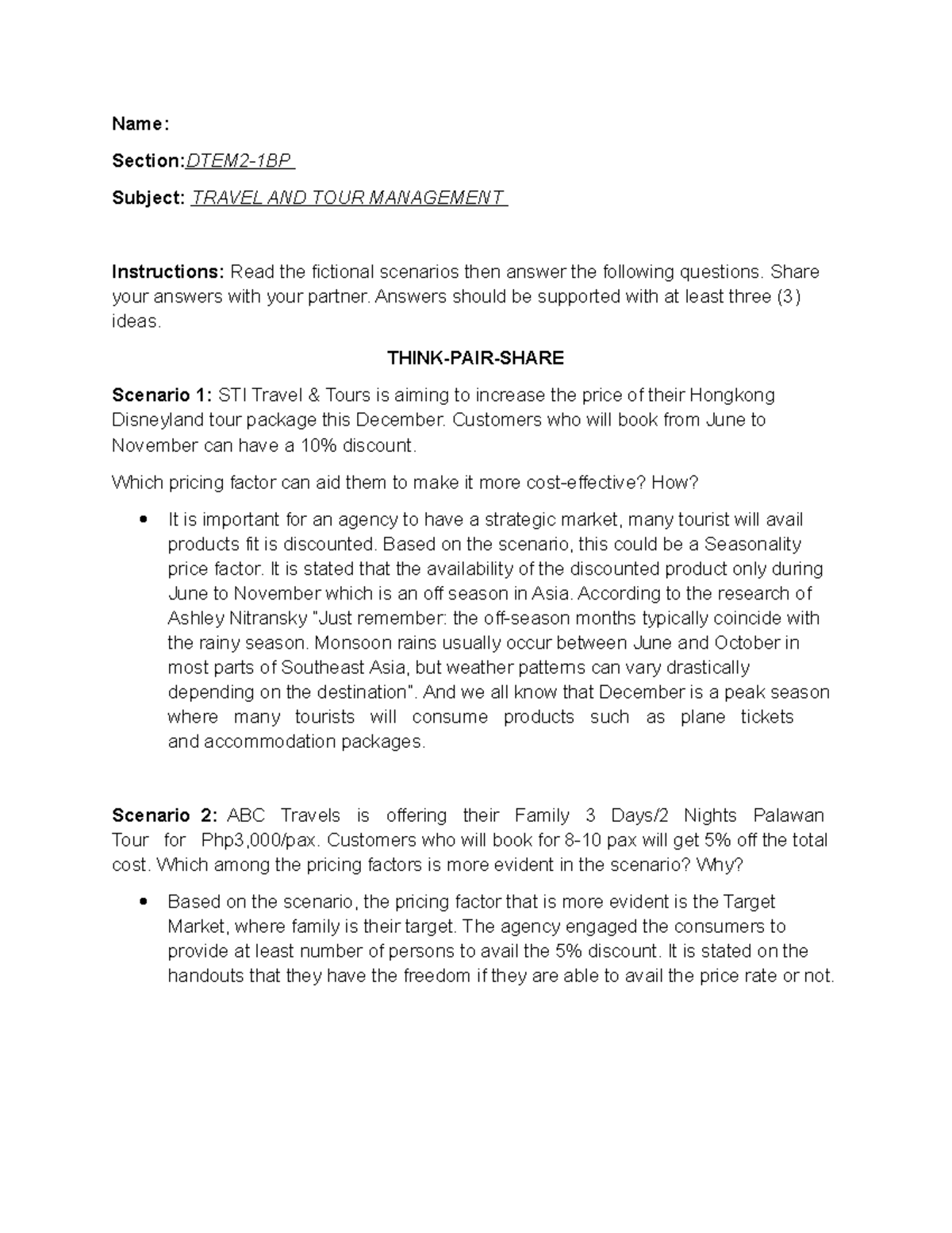 TTM BY PAIR Activity - Name: Section:DTEM2-1BP Subject: TRAVEL AND TOUR ...