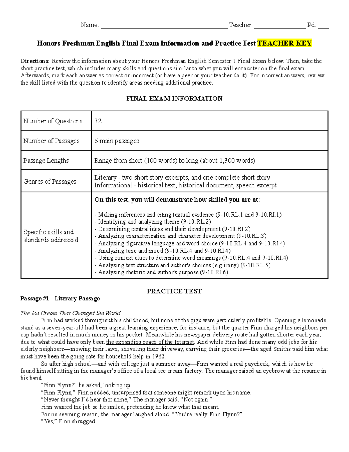 Honors English 9 Final Exam Review & Practice Test Guide (Fall 2024 ...