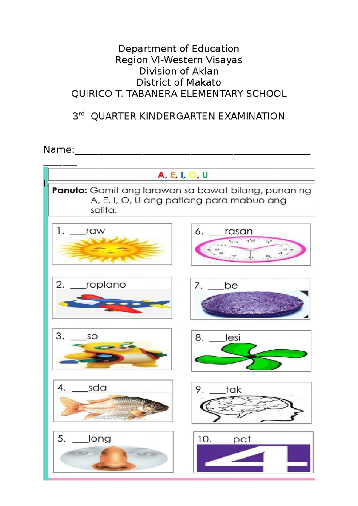 3rd Quarter EXAM Kinder - Department of Education Region VI-Western ...