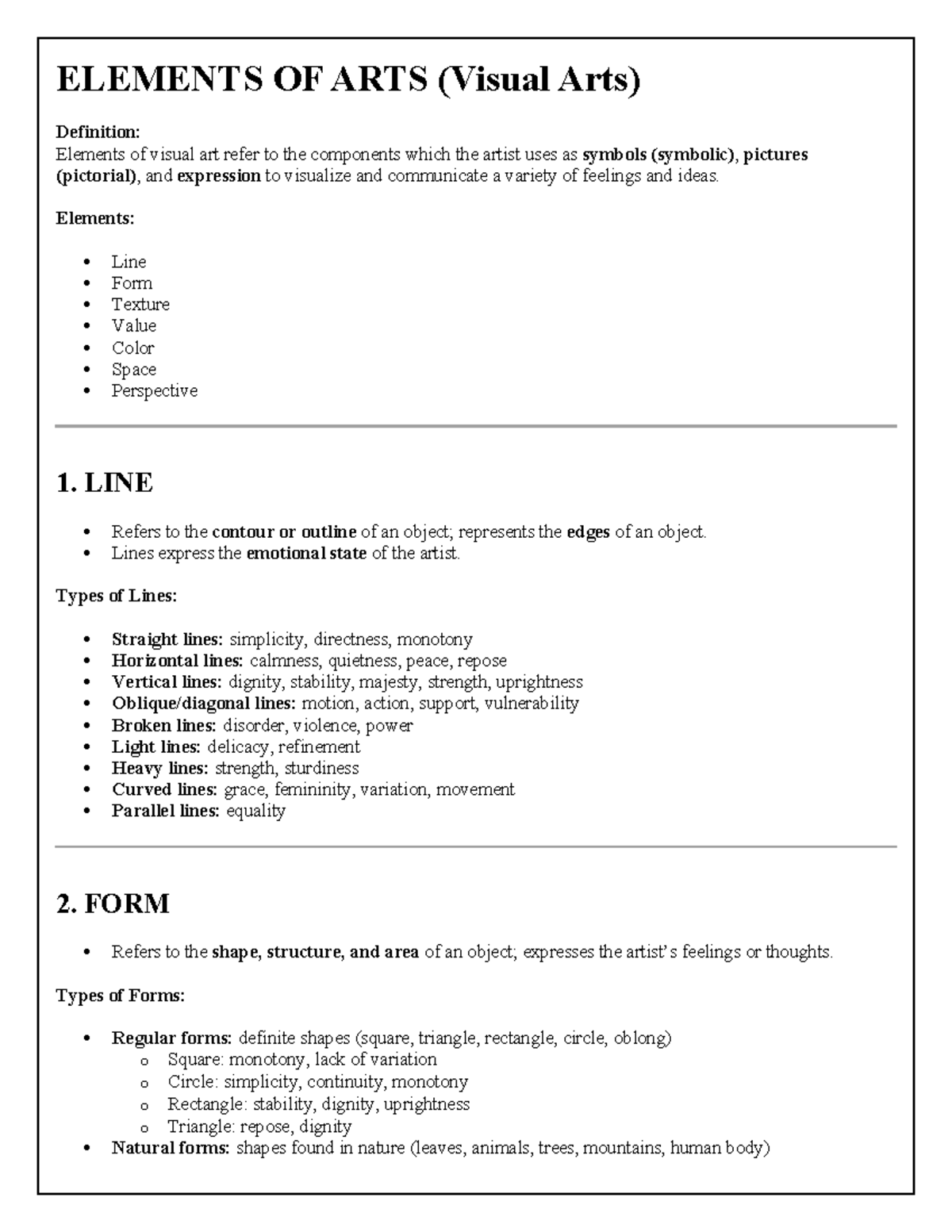 ARTS 101: Elements of Visual Arts - Final Exam Notes - Studocu