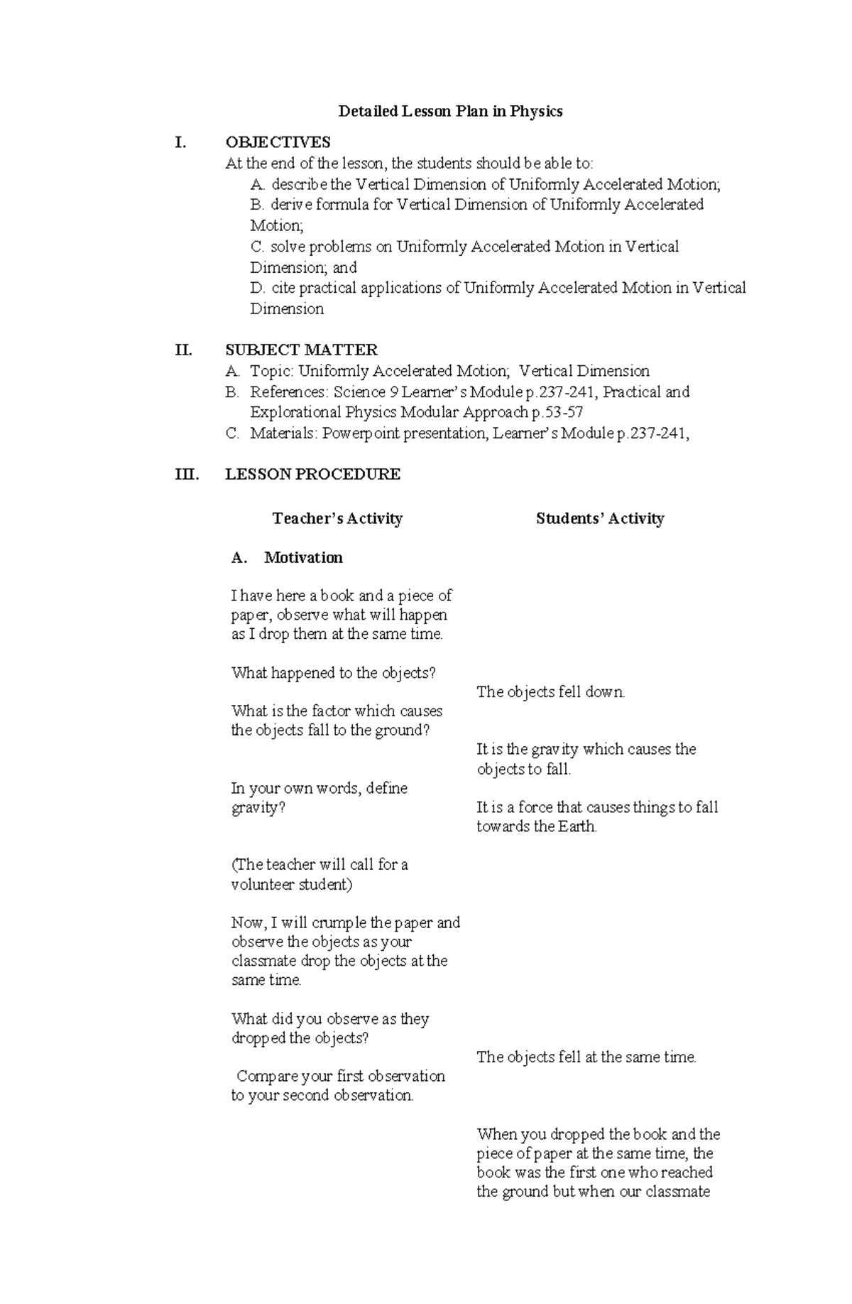 Physics-10: Detailed Lesson Plan on Uniformly Accelerated Motion - Studocu