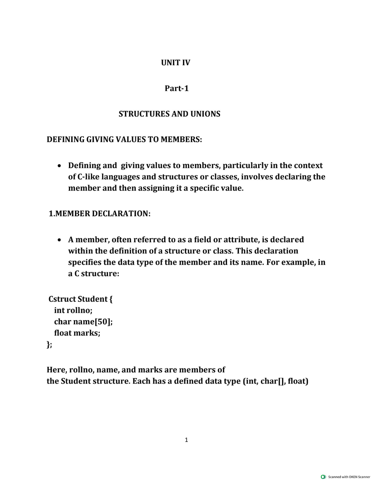 C UNIT-4 Notes: Structures, Unions, and Member Initialization - Studocu