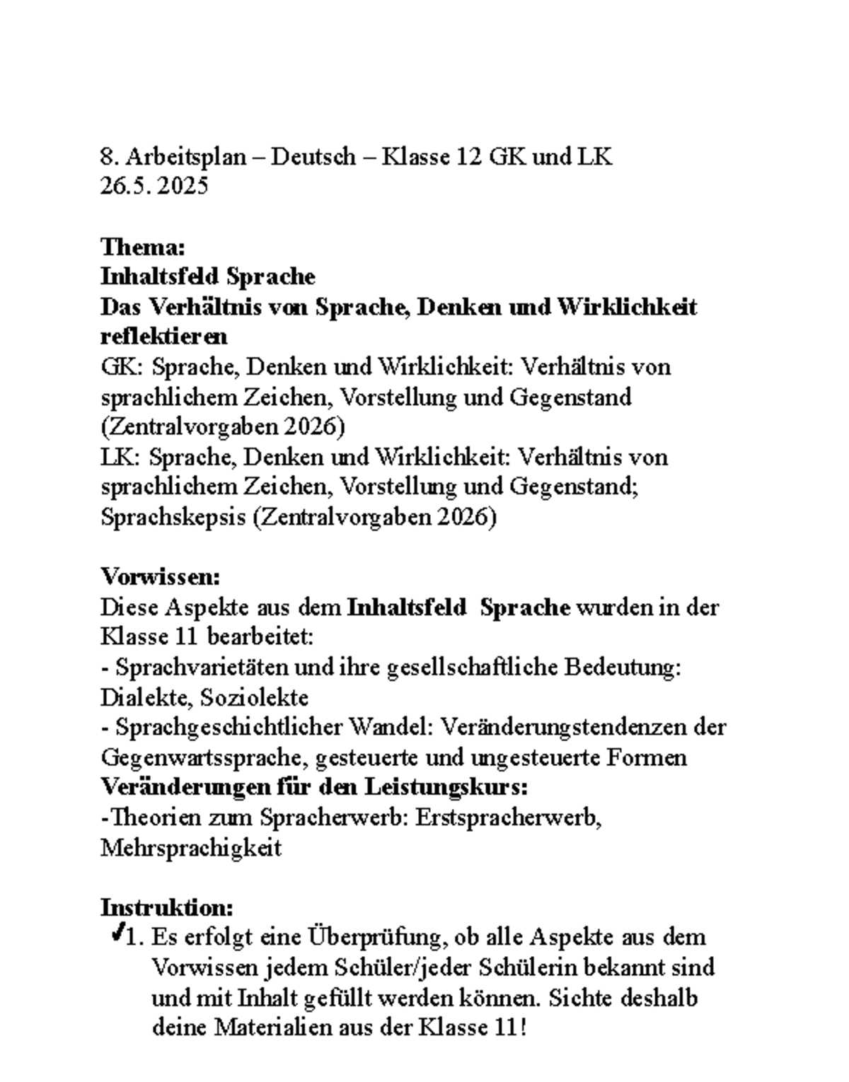 AP8 - Arbeitsplan: Sprache, Denken und Wirklichkeit in Deutsch Klasse ...