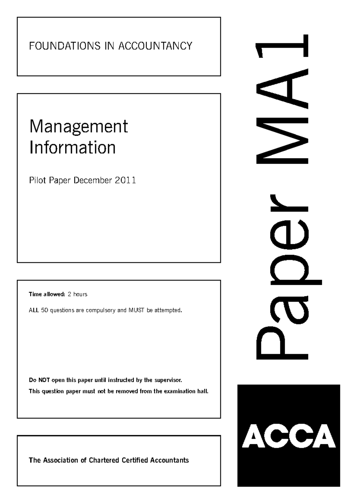 ACCA MA1 Foundations in Accountancy Pilot Paper December 2011 - Studocu