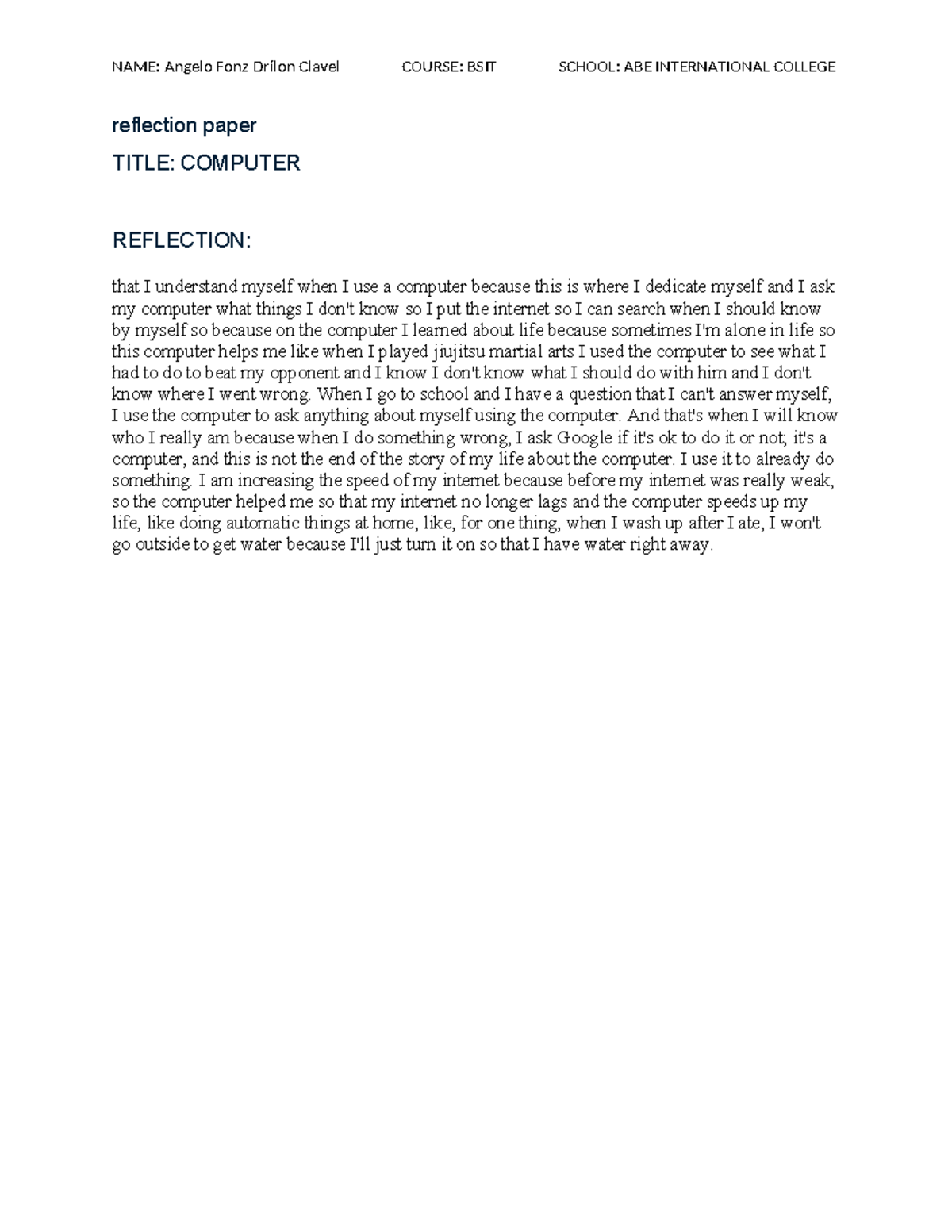 Reflection paper - dsadsadsd - NAME: Angelo Fonz Drilon Clavel COURSE ...