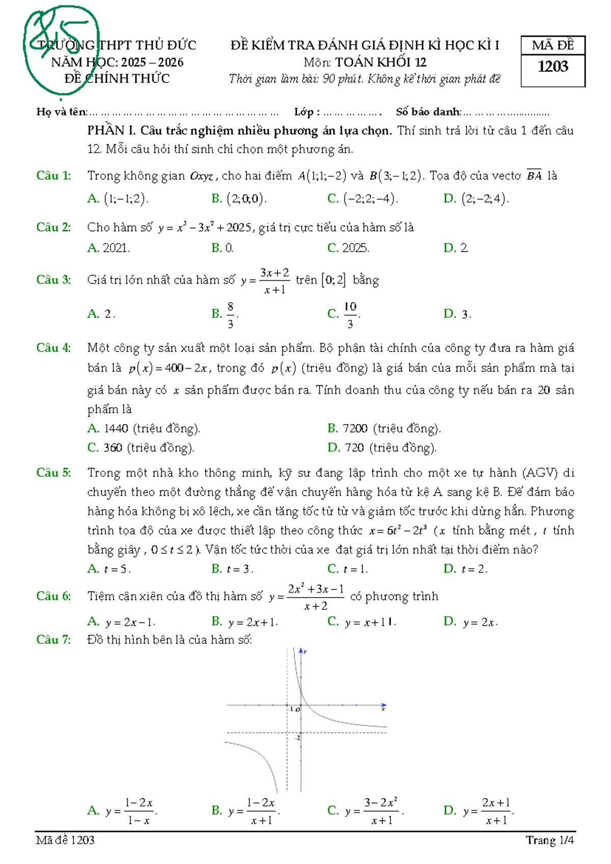 ĐỀ KIỂM TRA ĐÁNH GIÁ ĐỊNH KÌ HỌC KÌ I Môn: TOÁN KHỐI 12 - Mã đề 1203 ...