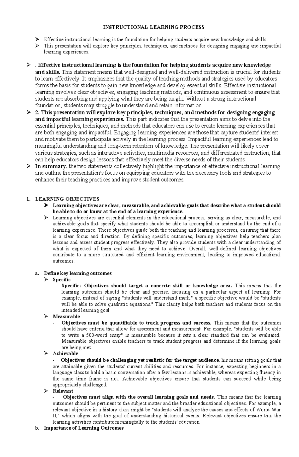 Pro Ed 6: Effective Instructional Learning Handouts Summary - Studocu