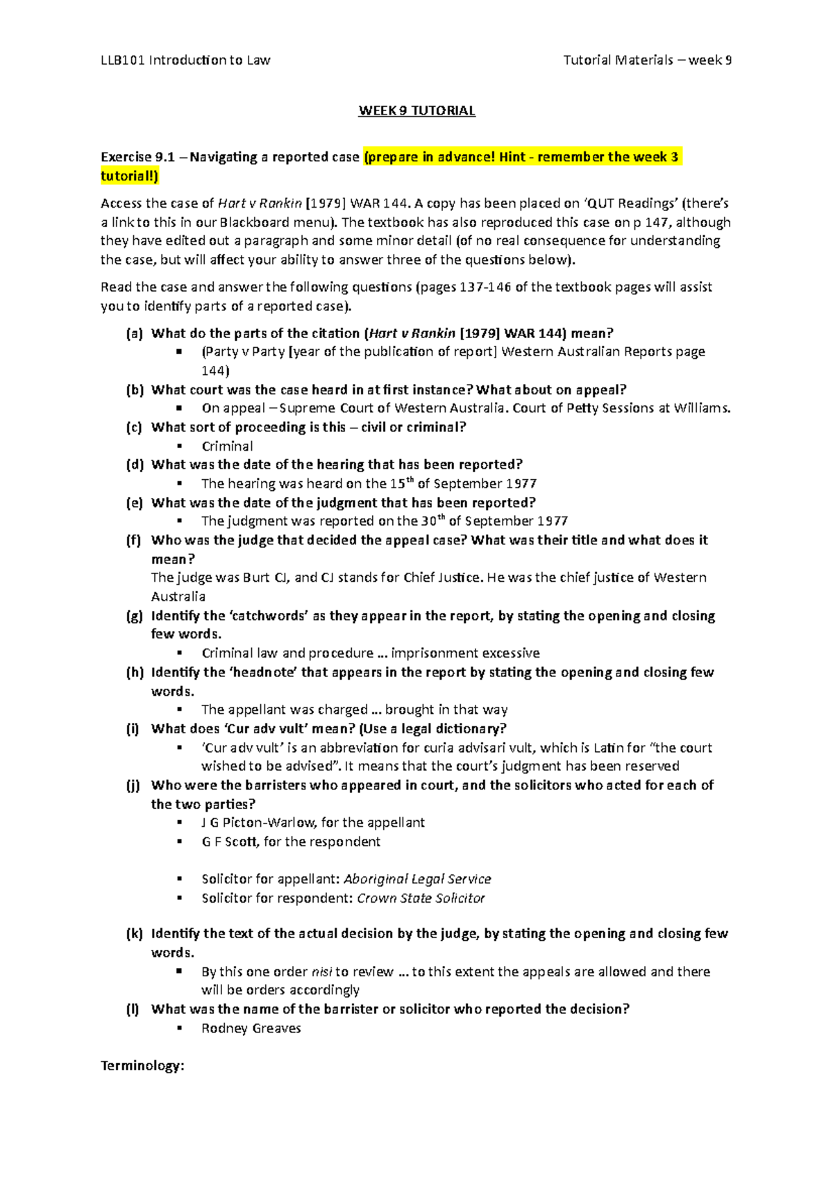 WEEK 9 2020 Tutorial 1 - LLB101 Introduction to Law Tutorial Materials ...