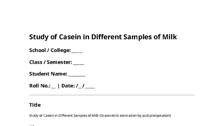 Chemistry Project: Casein Analysis in Milk Samples (Lab Report) - Studocu