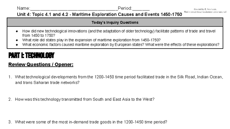 Unit 4: Maritime Exploration Causes & Events Inquiry Questions - Studocu