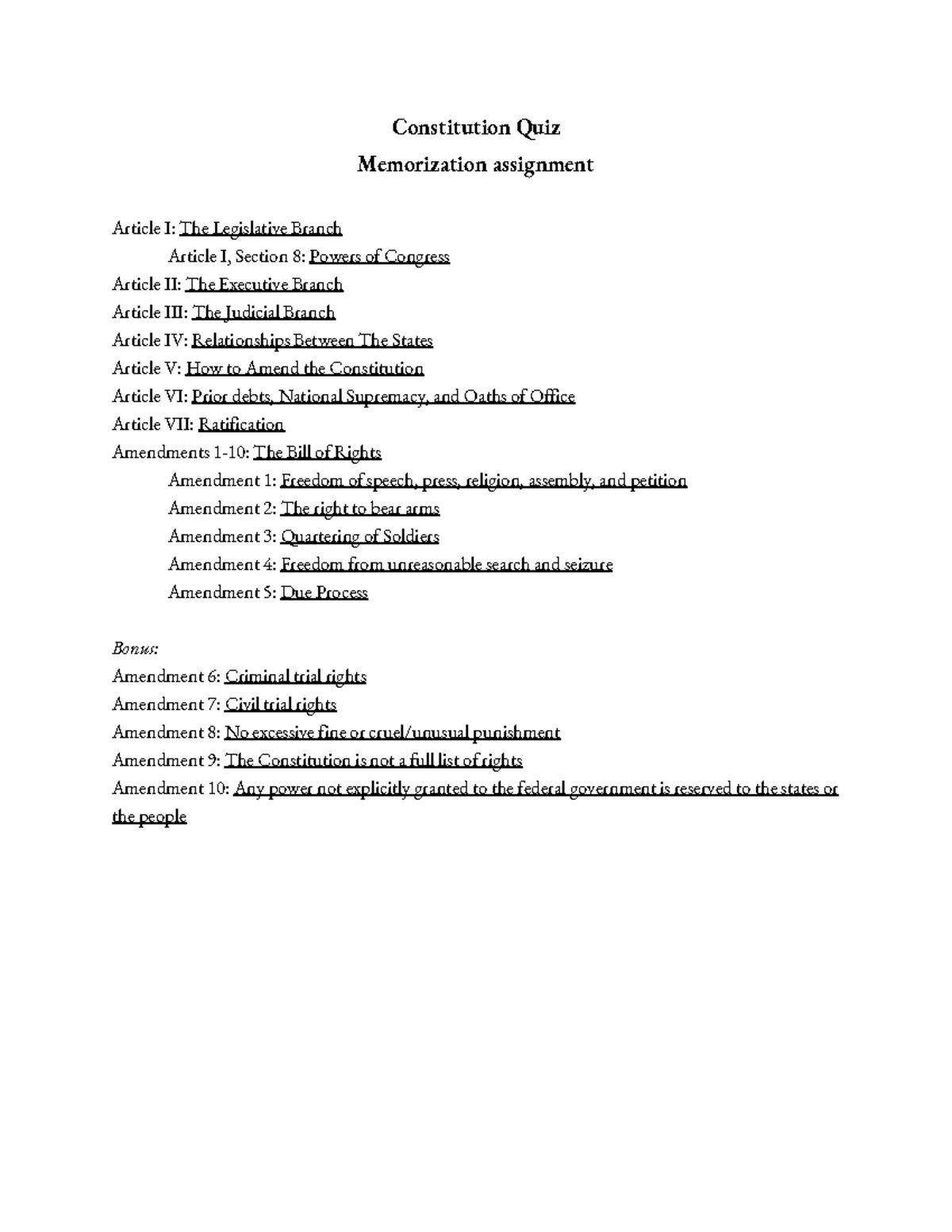 Bill Of Rights Amendments Quiz