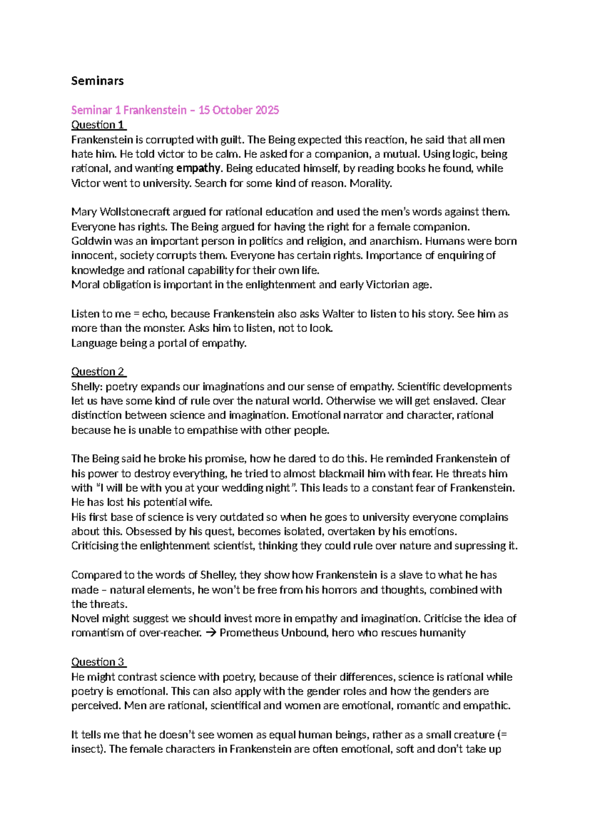 Seminars 1 & 2: Analysis of Frankenstein & Jane Eyre - Studocu
