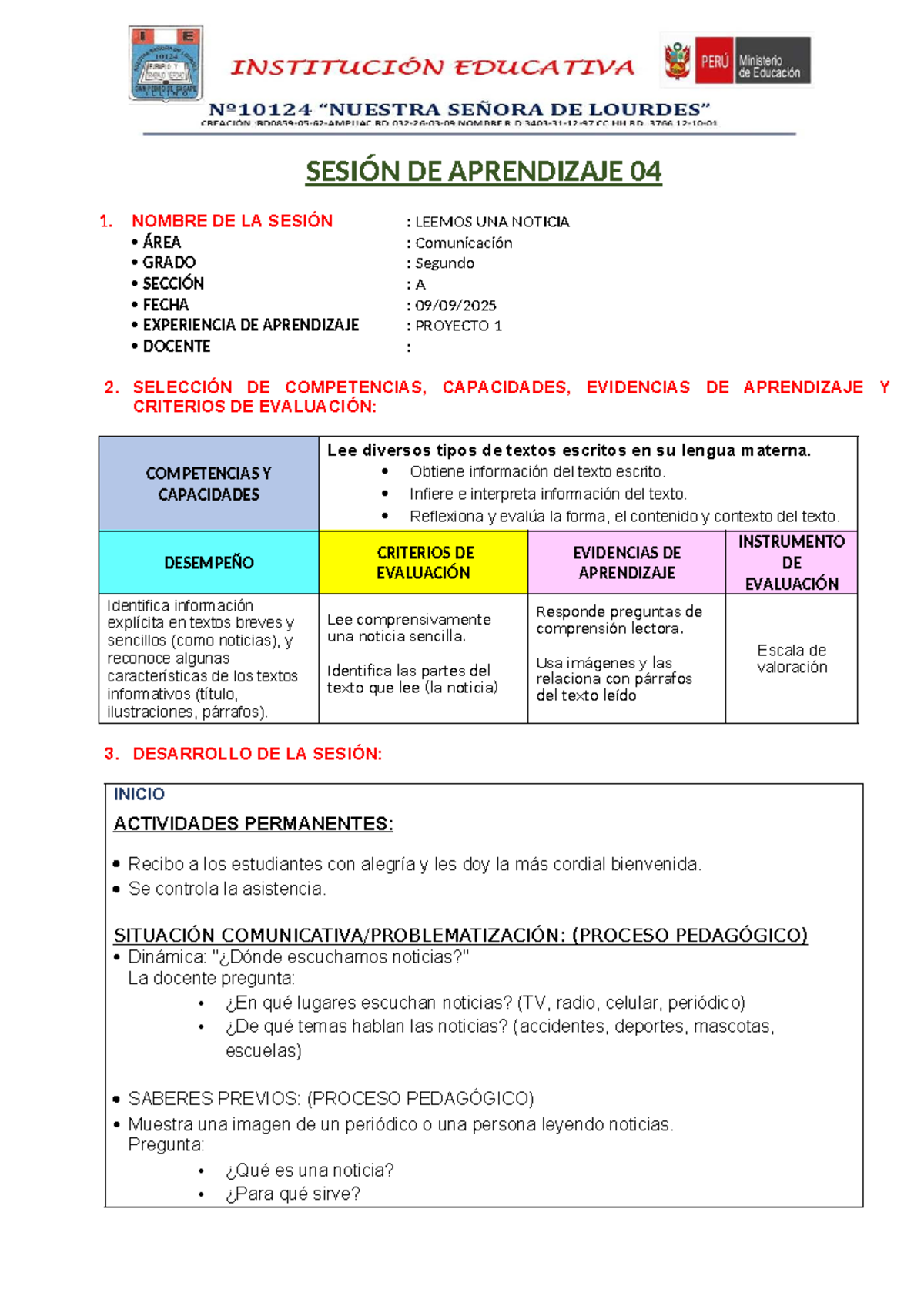 SESION DE APRENDIZAJE 04: LEEMOS UNA NOTICIA - COMUNICACIÓN 2°A - Studocu