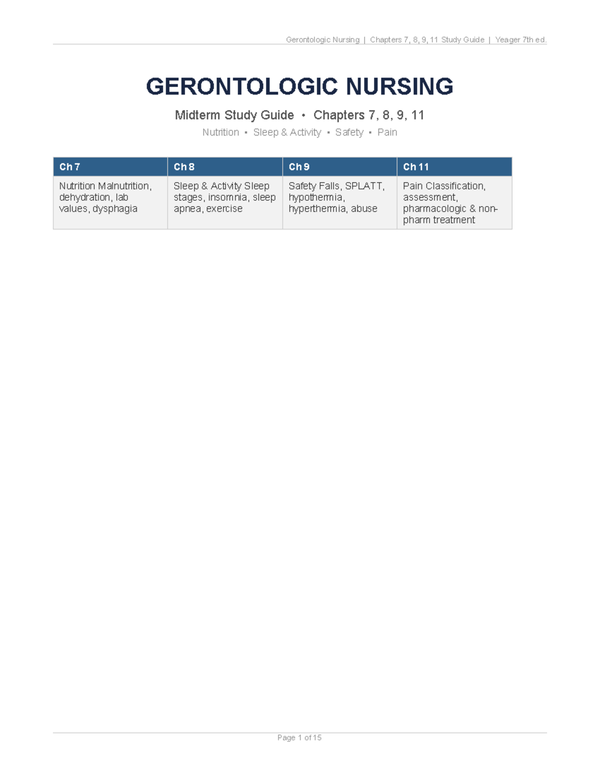 GERONTOLOGIC NURSING Midterm Study Guide: Chapters 7-11 Overview - Studocu