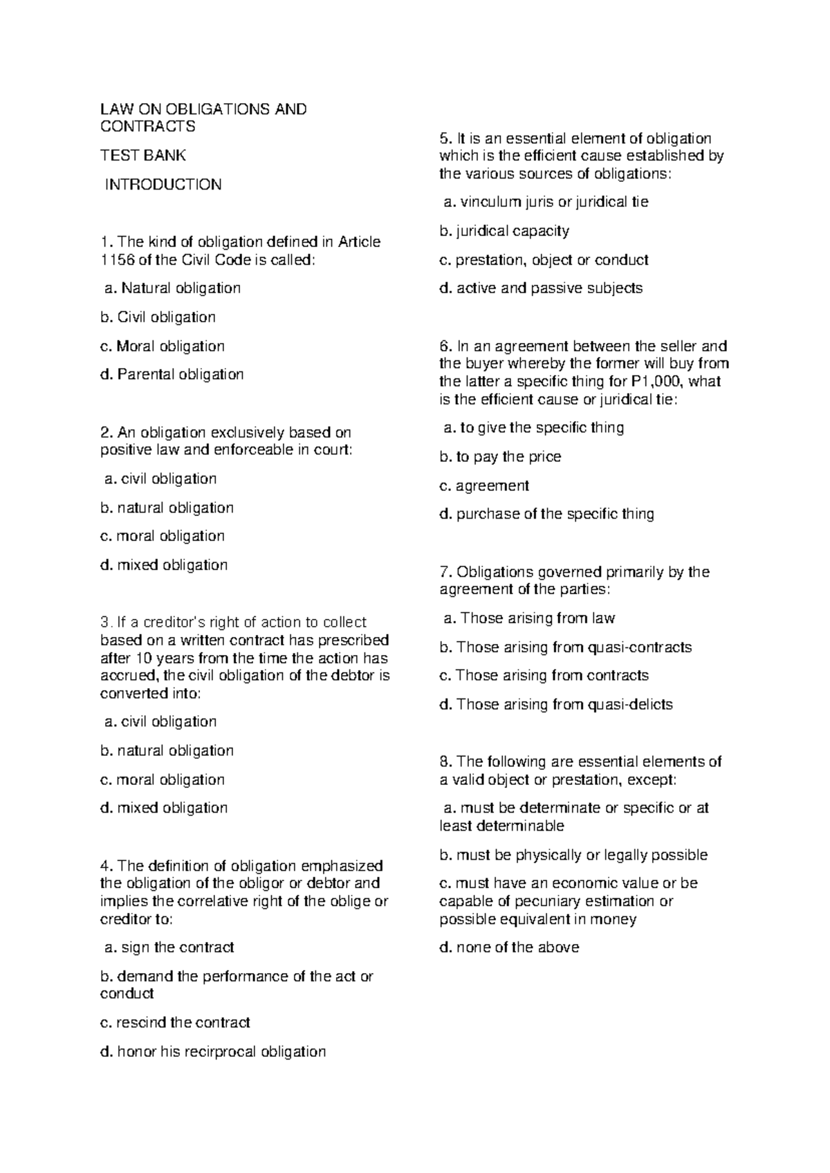 Test Bank: LAW 101 Obligations and Contracts Overview and Questions ...