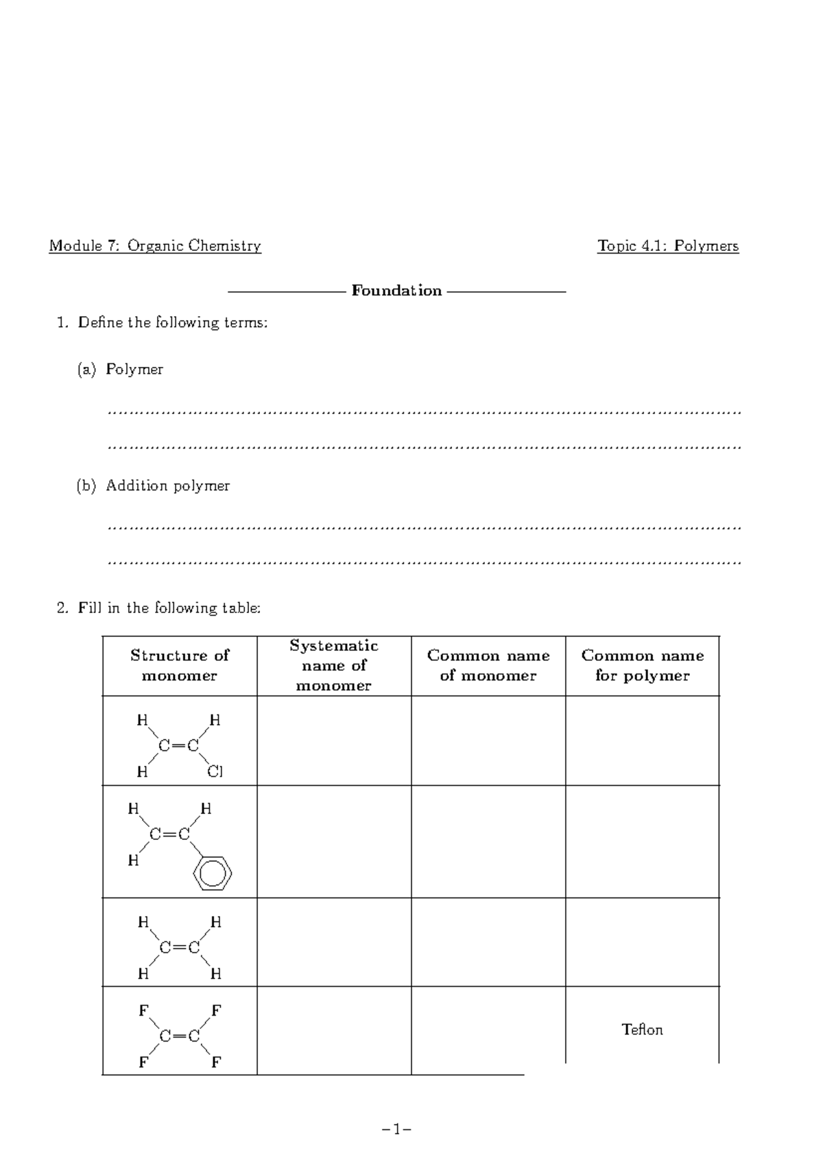Module 7: Organic Chemistry - Polymers (Addition) Study Guide - Studocu