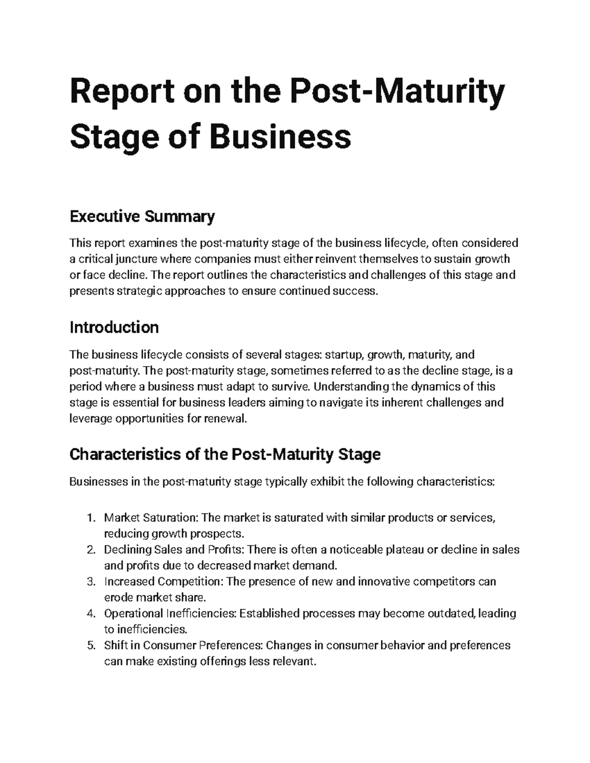 Post-Maturity Stage of Business: Challenges & Strategies Report - Studocu