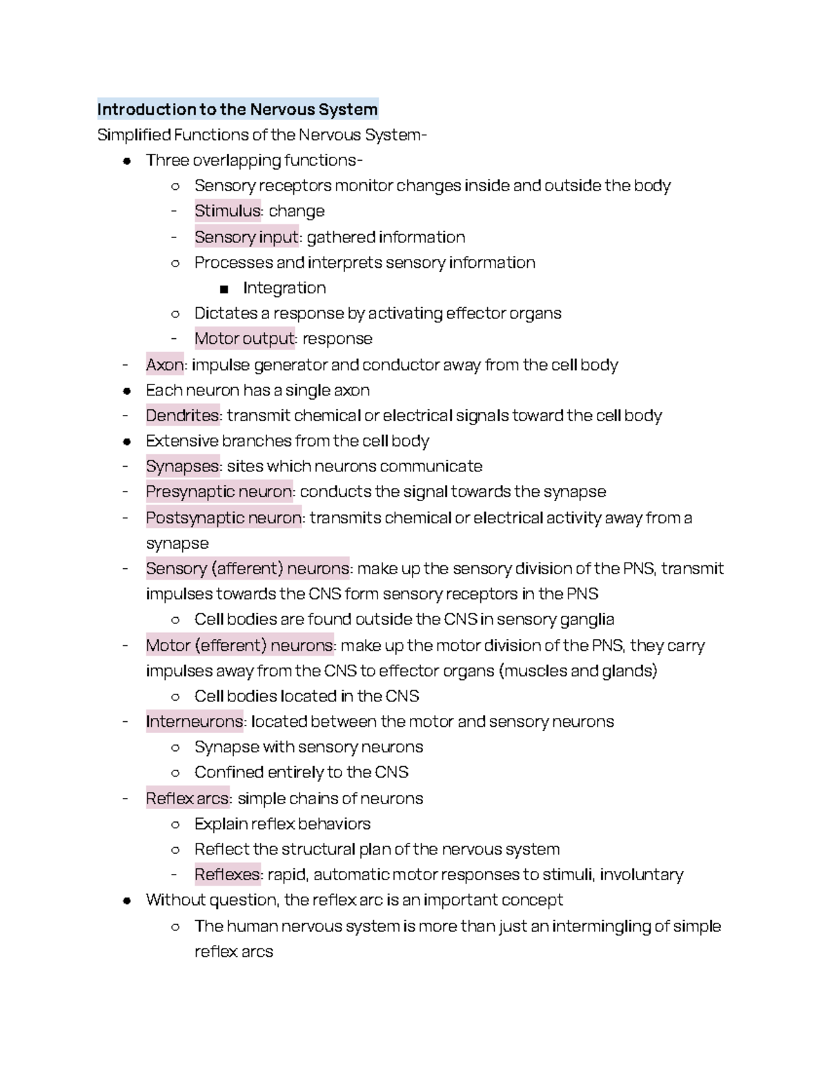 BIO 220 Midterm Lecture Notes: Overview of Nervous System Functions ...