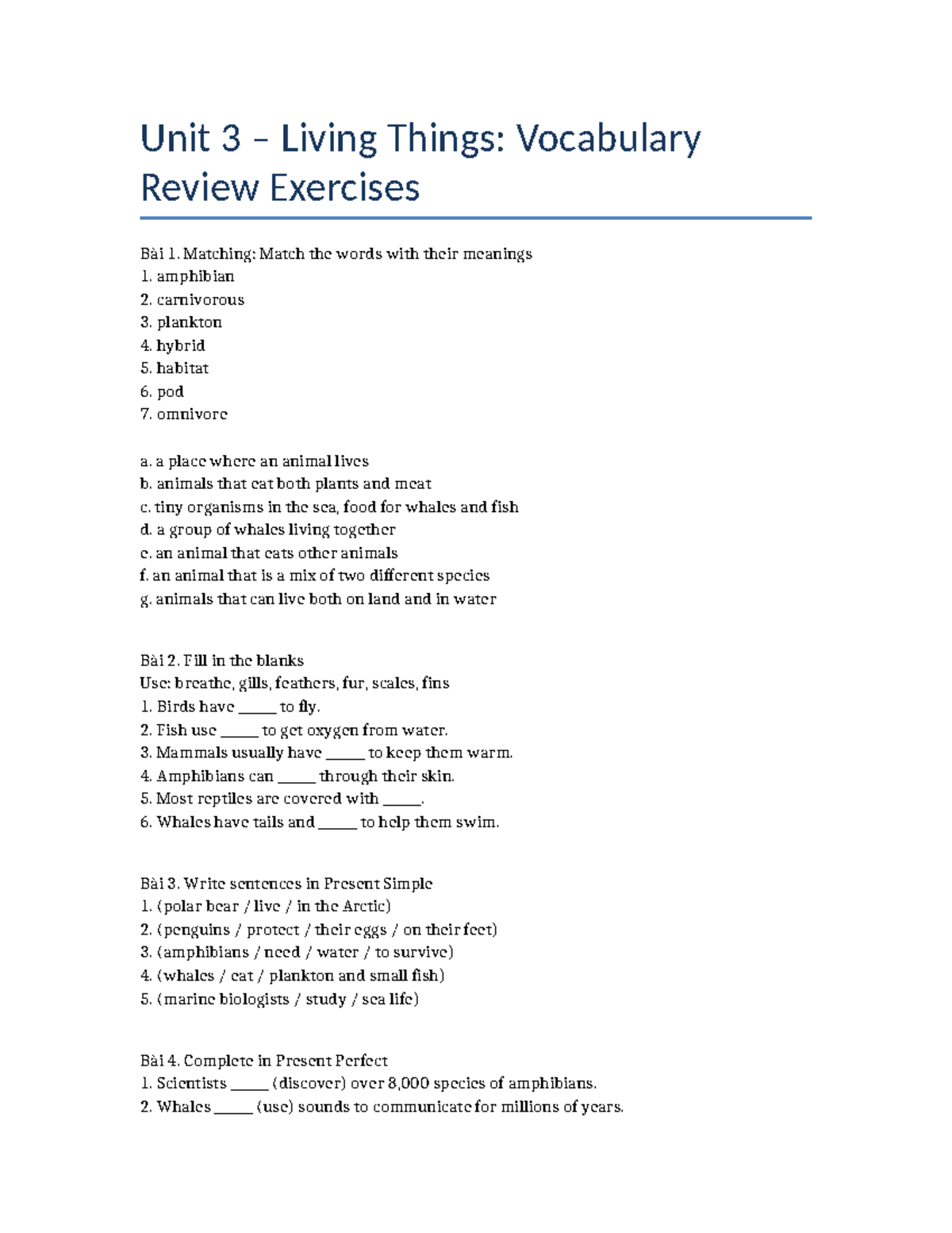 Unit 3: Living Things Vocabulary Review Exercises - Studocu