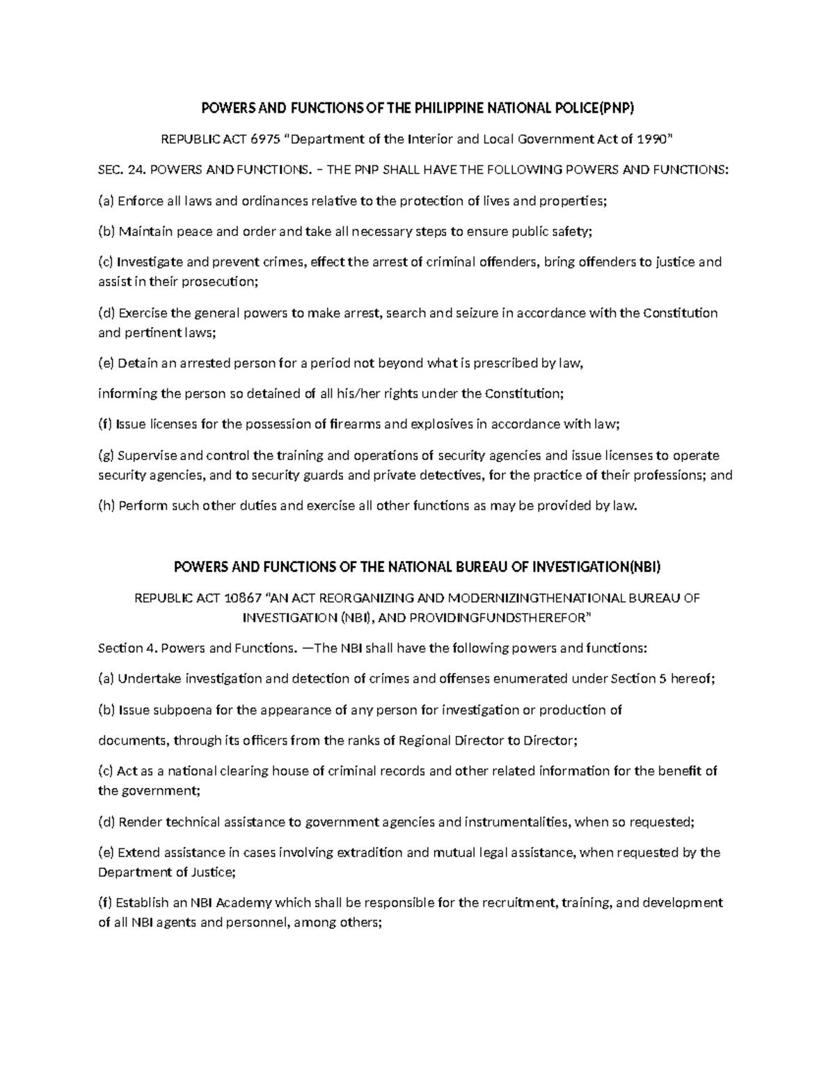 POWERS AND FUNCTIONS OF PNP & NBI UNDER RA 6975 & RA 10867 - Studocu