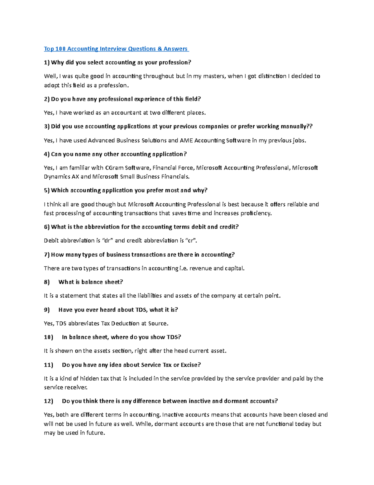 Account Important question - Top 100 Accounting Interview Questions ...