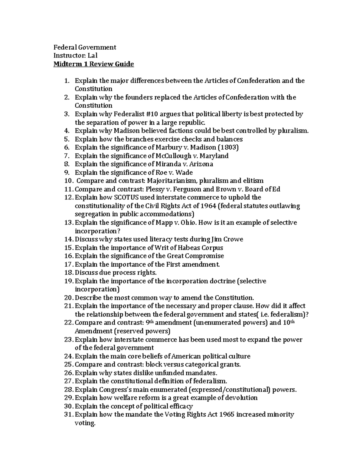 Federal Government Midterm 1 Review Guide (Course Code: 73220741) - Studocu