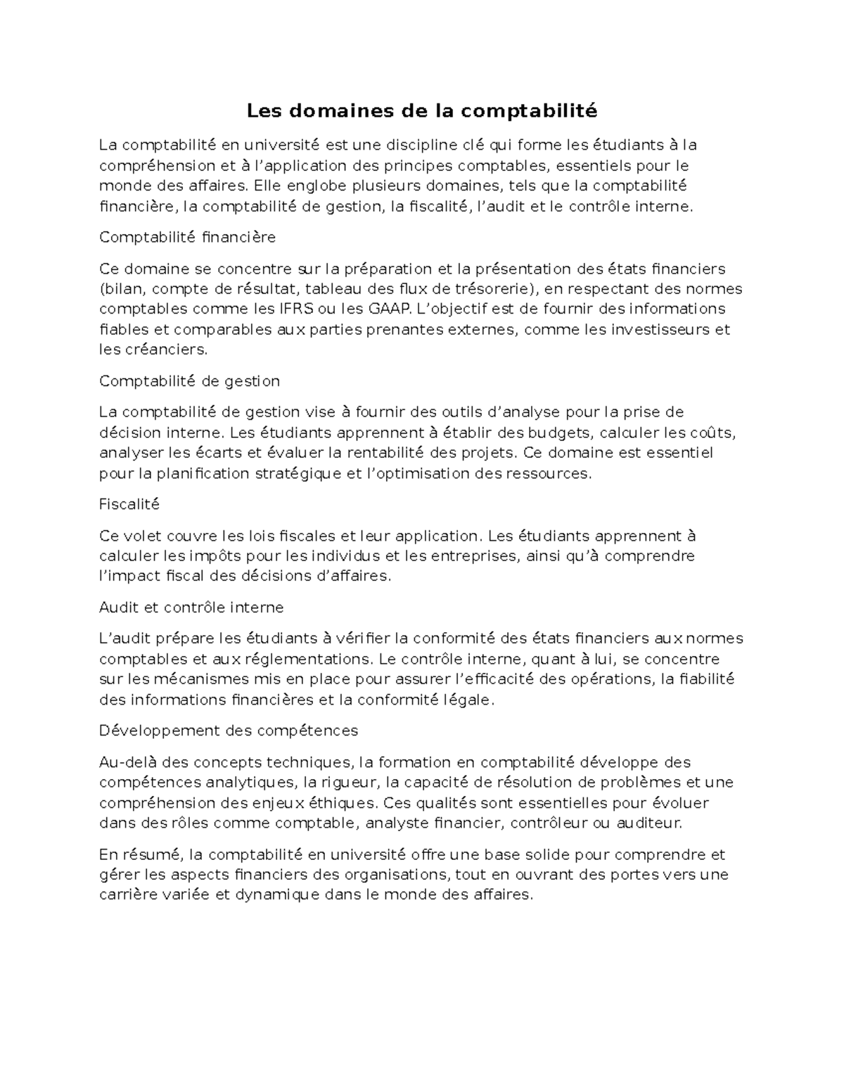 Résumé des Domaines en Comptabilité - Cours Universitaire - Studocu