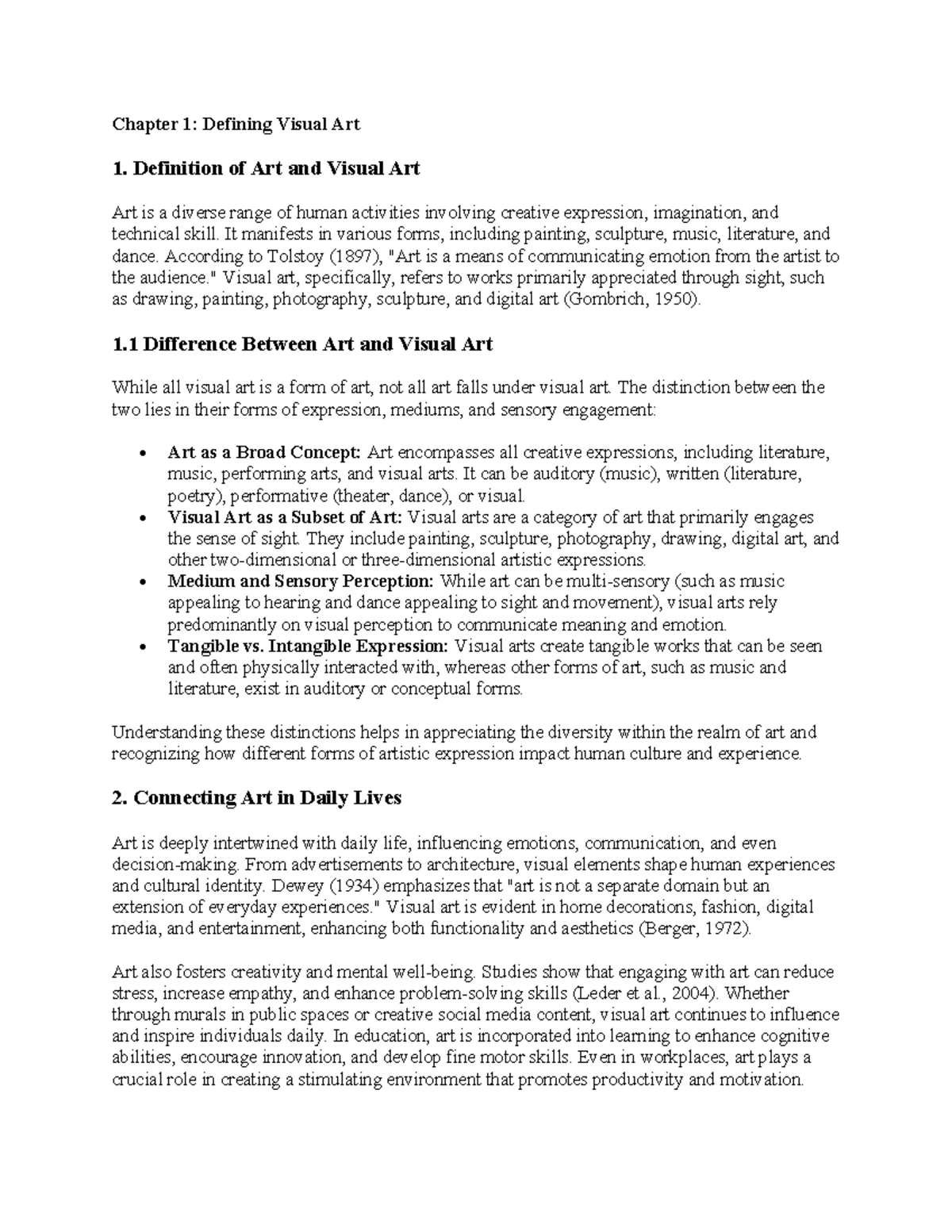 Reading in Visual Arts 1: Chapter 1 - Understanding Visual Art - Studocu